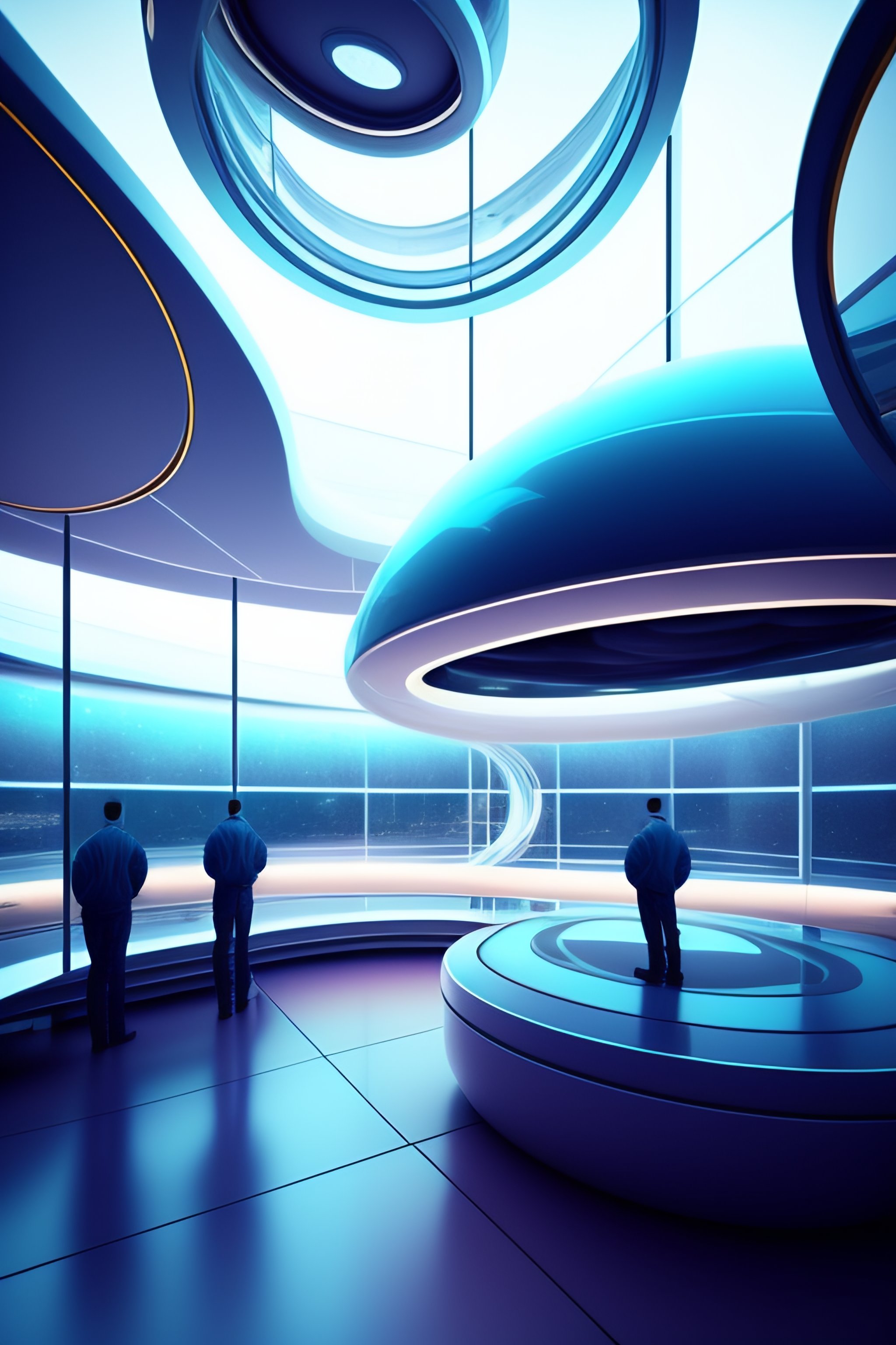 Lexica - Futuristic torus shaped spaceship lab, five scientist looking ...