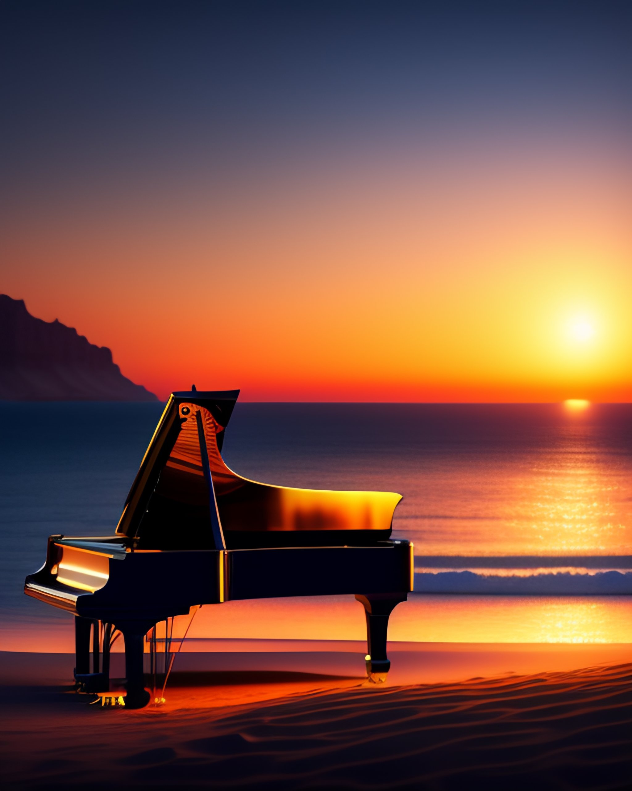 Lexica - Playing piano, shining ocean reflections, in the desert ...