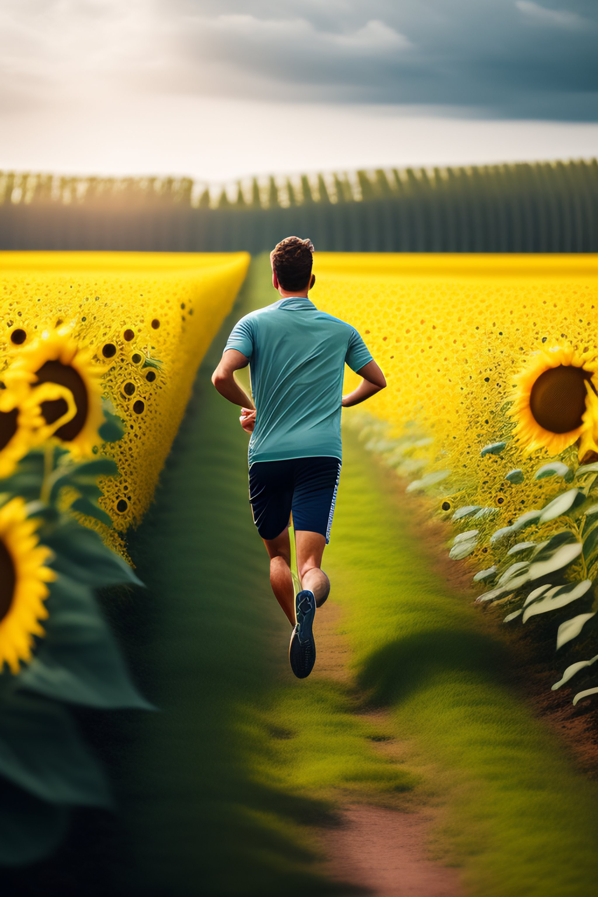 Lexica - Young man running in the sunflower field, spring, cows