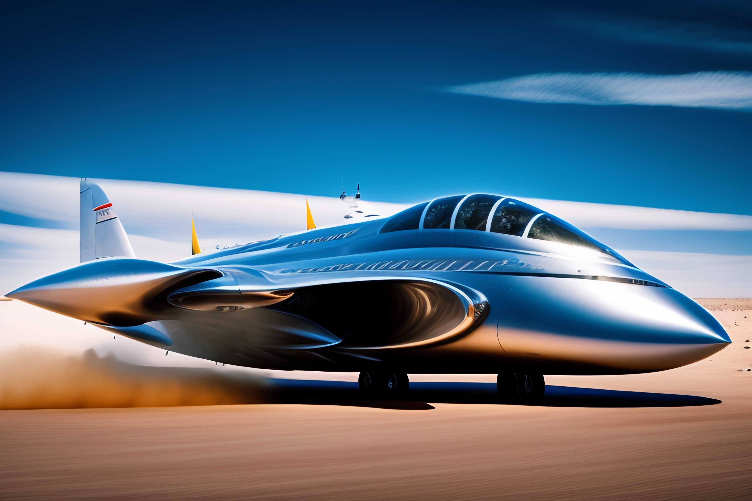 Lexica - Shell-shaped silver spaceship dogfighting in the blue sky