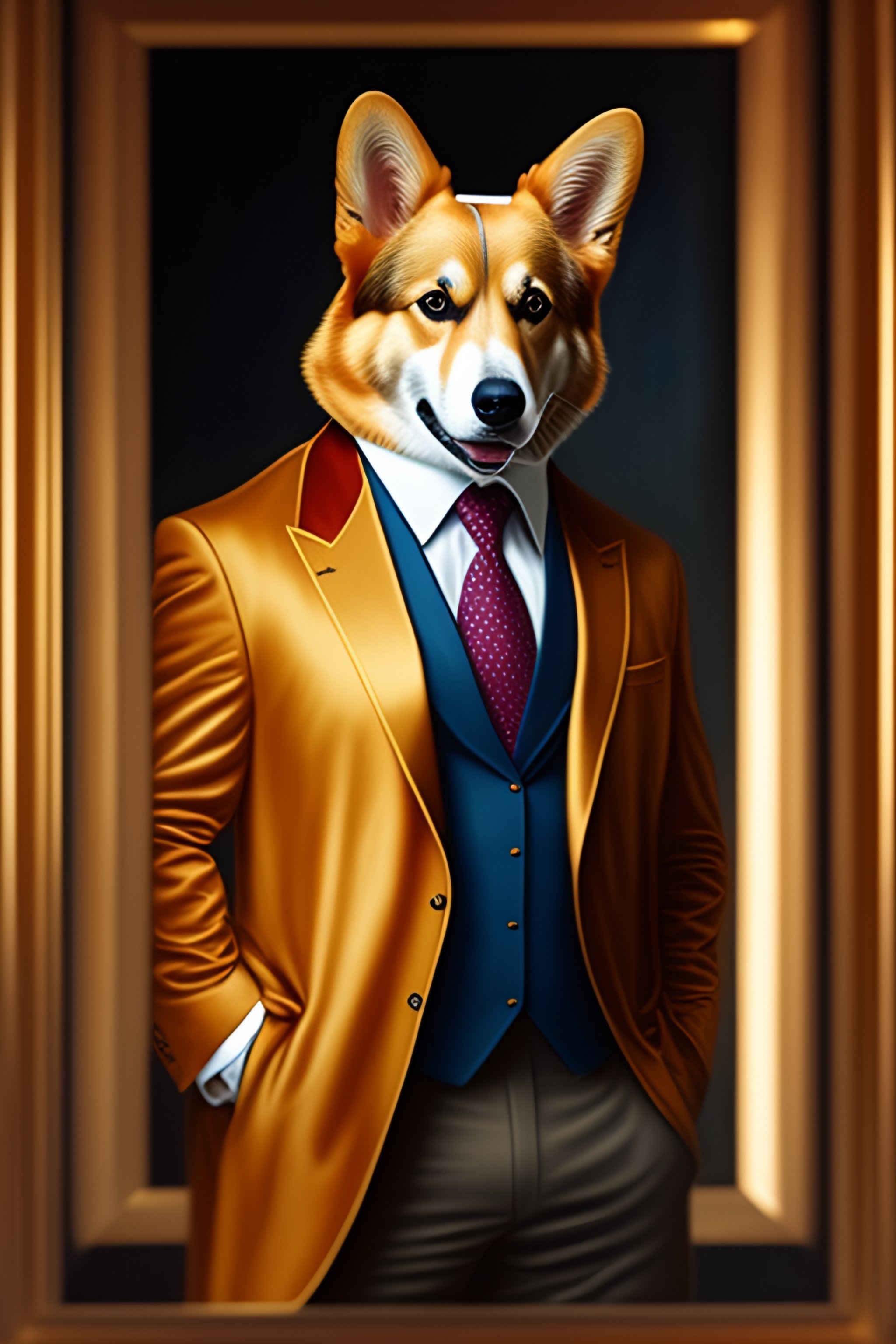 Lexica - A portrait of Golden Sable corgi dog wearing suit and tie, by ...