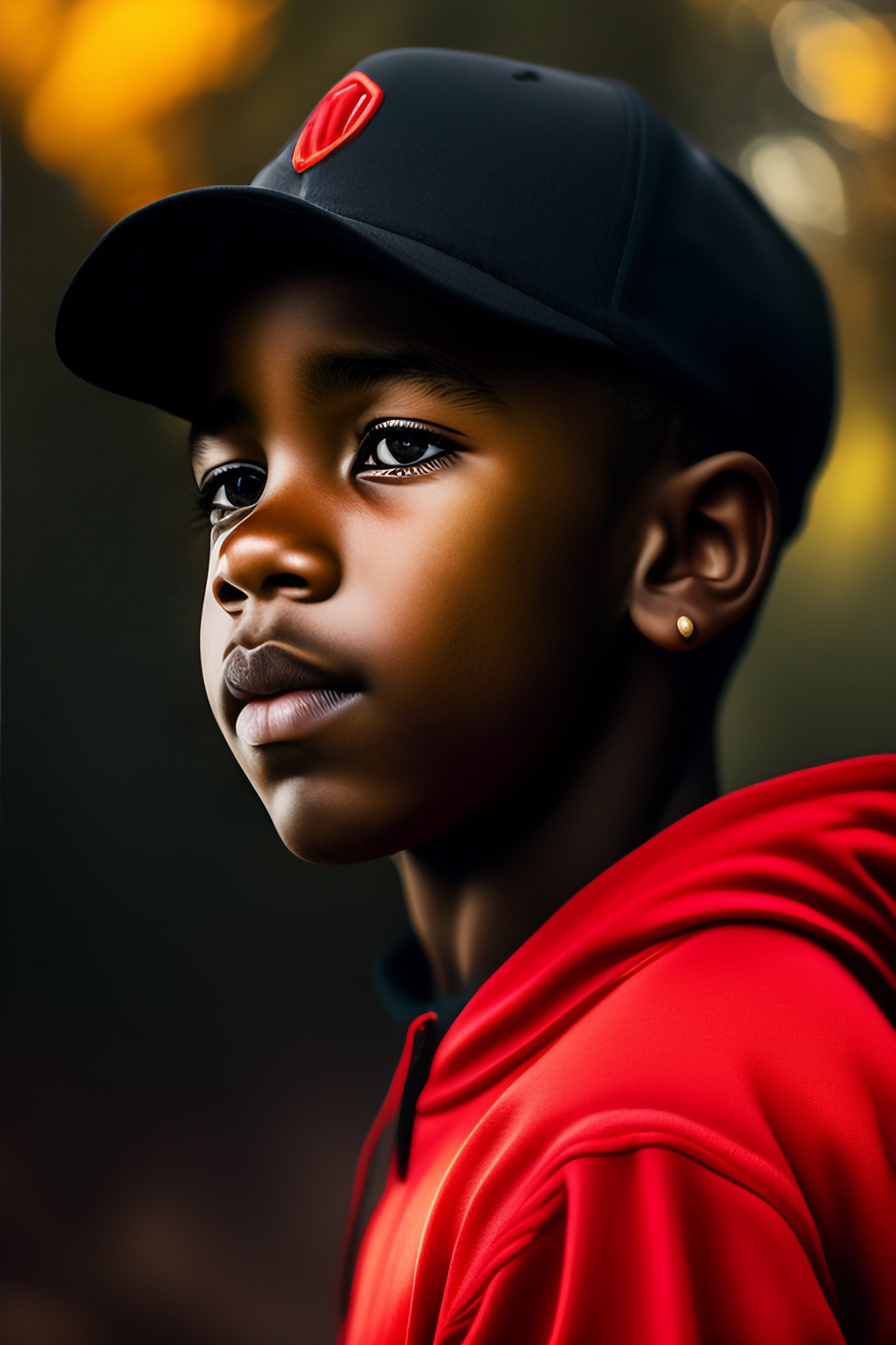 Lexica - Portrait, without a leg, black boy, red cap, forest, realistic