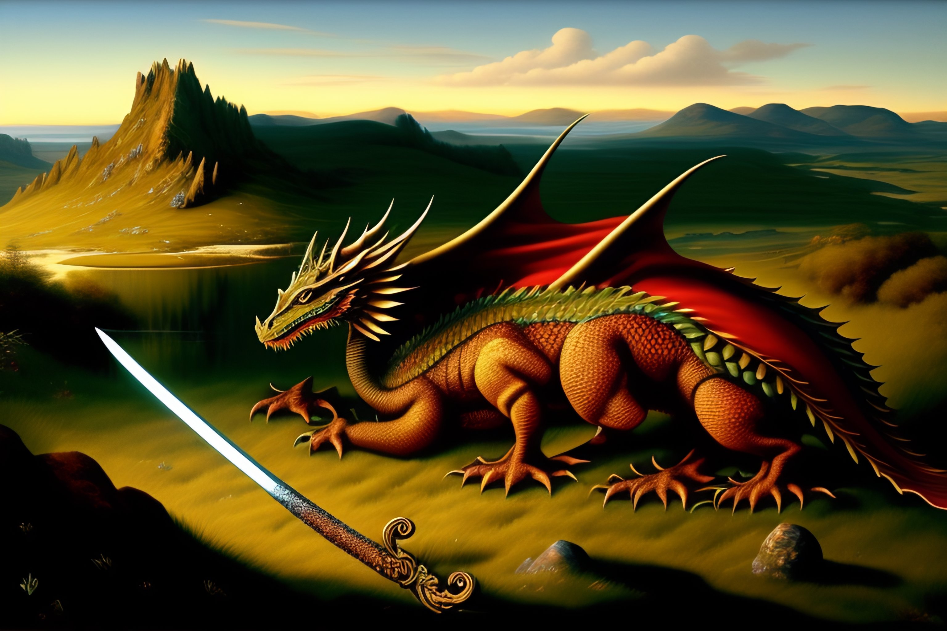 Lexica - Dead Dragon with sword in his head, in irish landscape ...