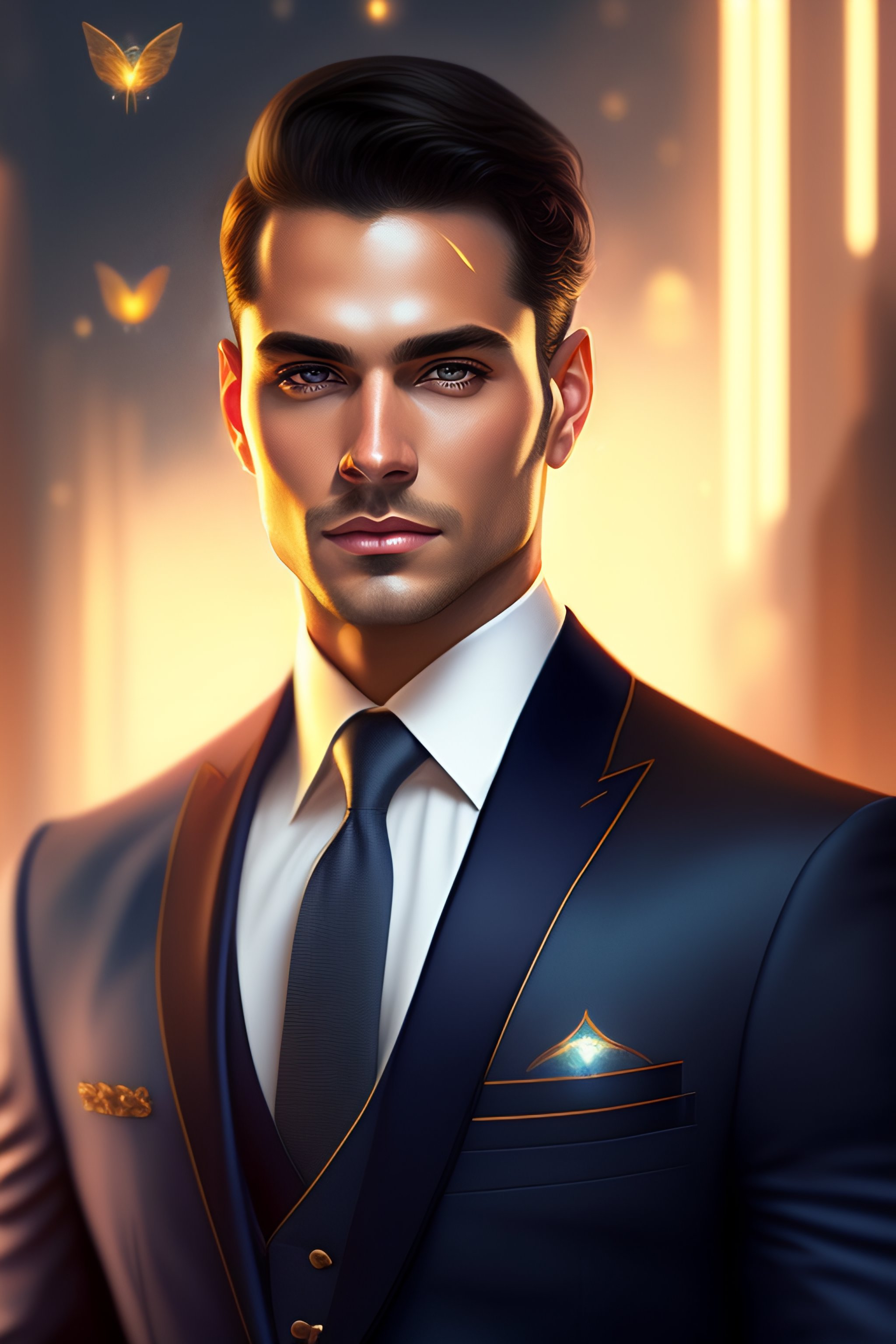 Lexica - Symmetry portrait of young businessman, glam, fae, fireflies ...