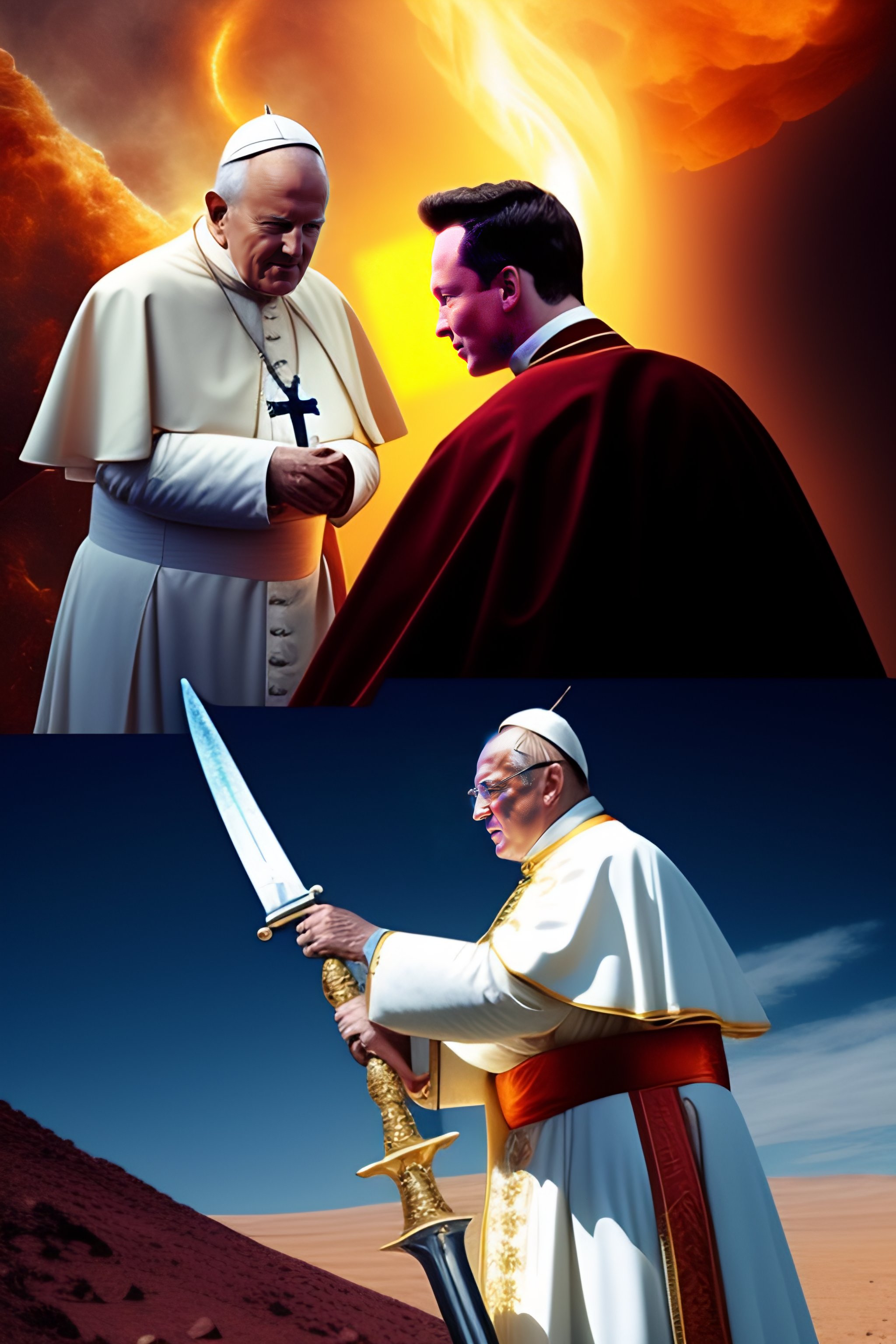 Lexica - Pope John Paul II with a big sword fighting Elon Musk on lava