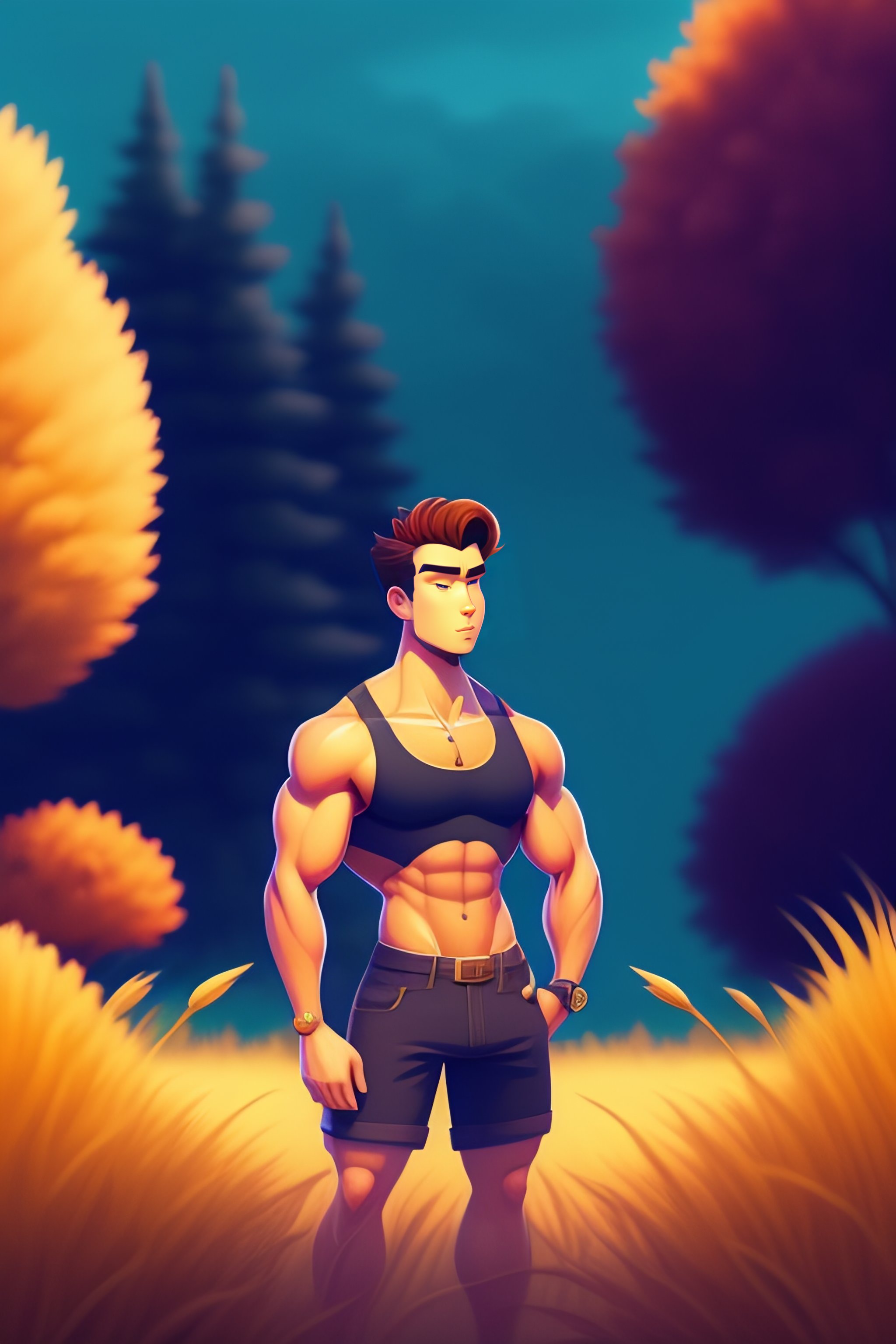 Lexica - View of gorgeous meadow with fit hot muscle young guy, to m ...