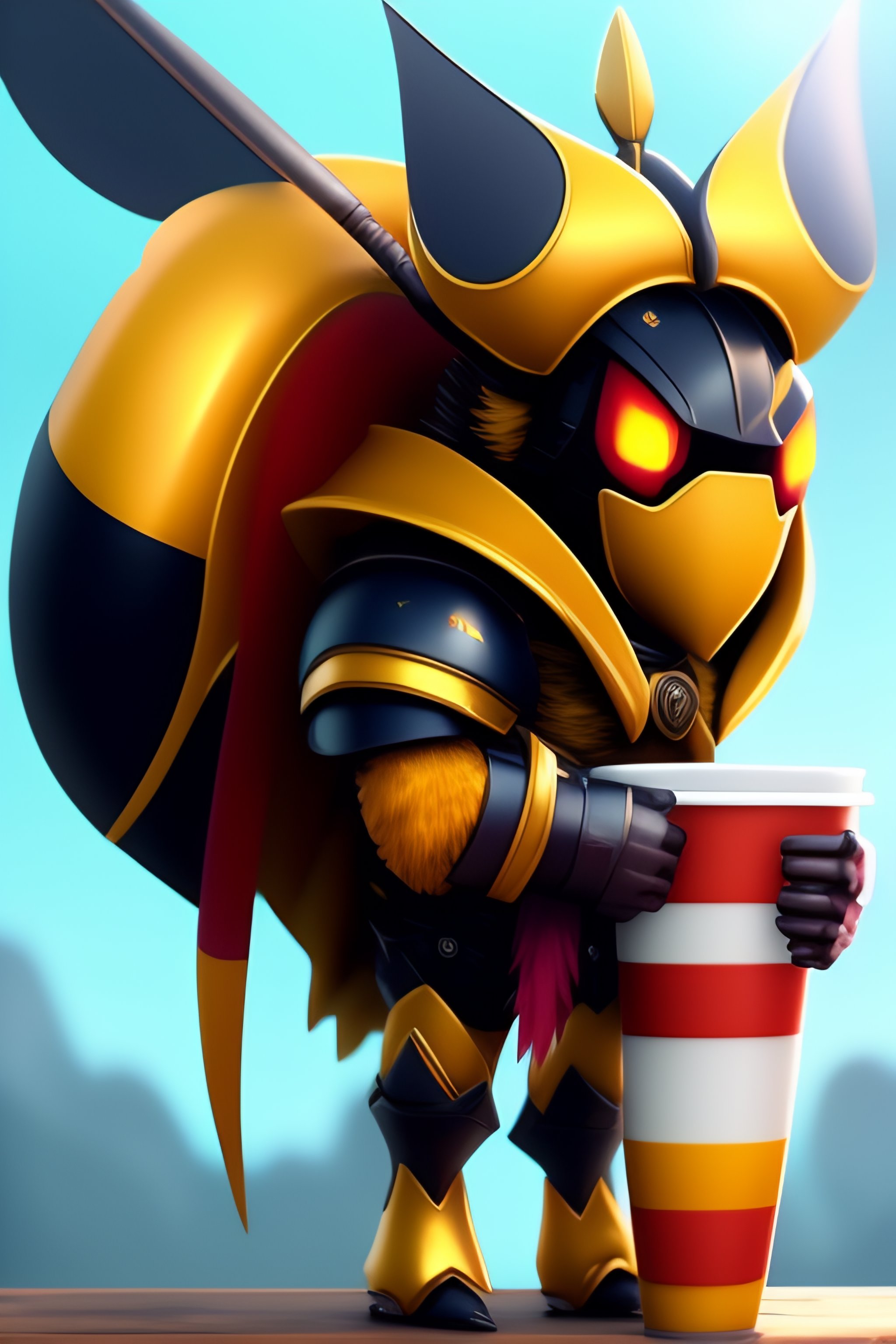 Lexica - Cartoon bee knight looks like Beedrill with a cup of coffee ...