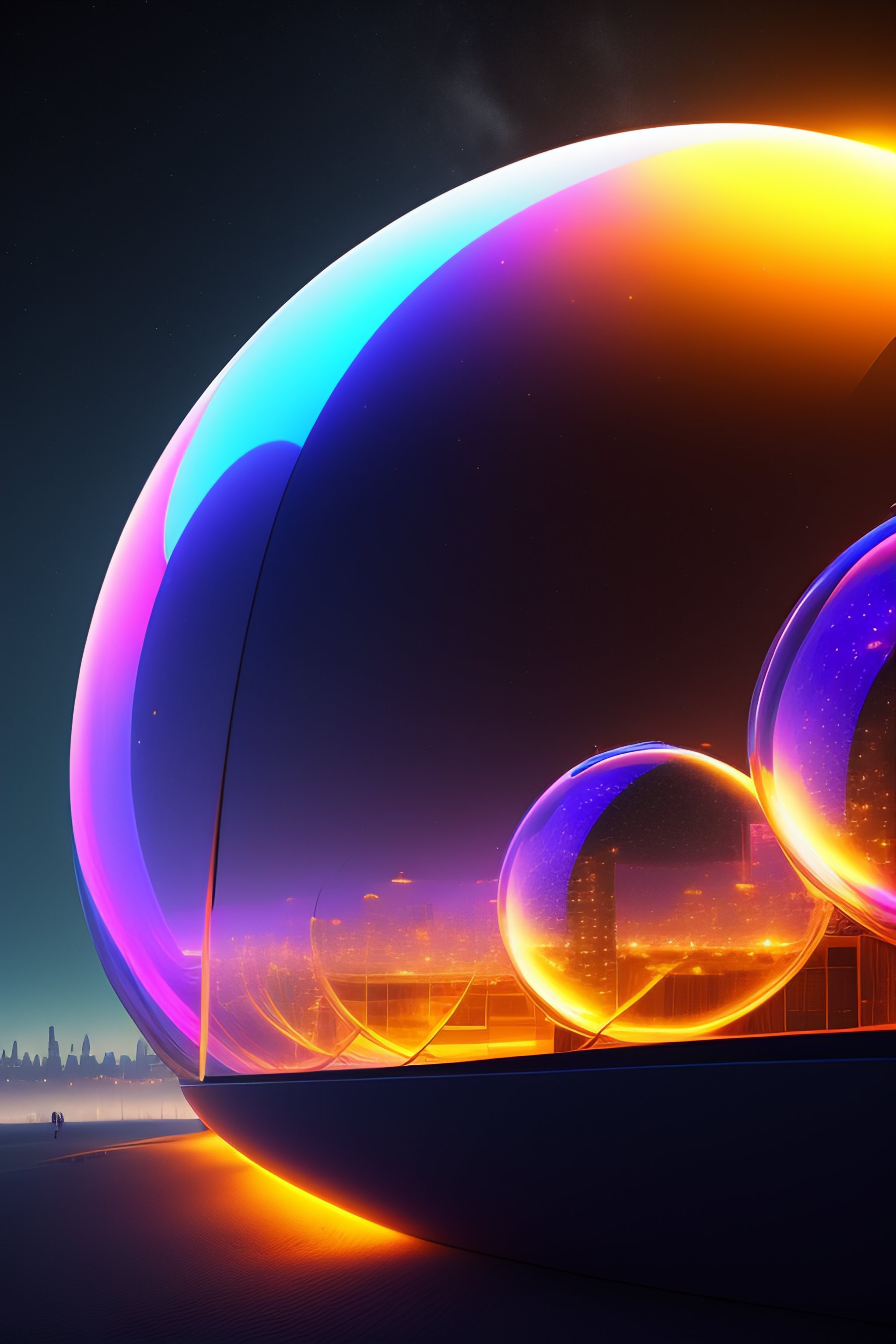 Lexica - Pods connected to a big illuminated bubble in the center in cyberpunk style