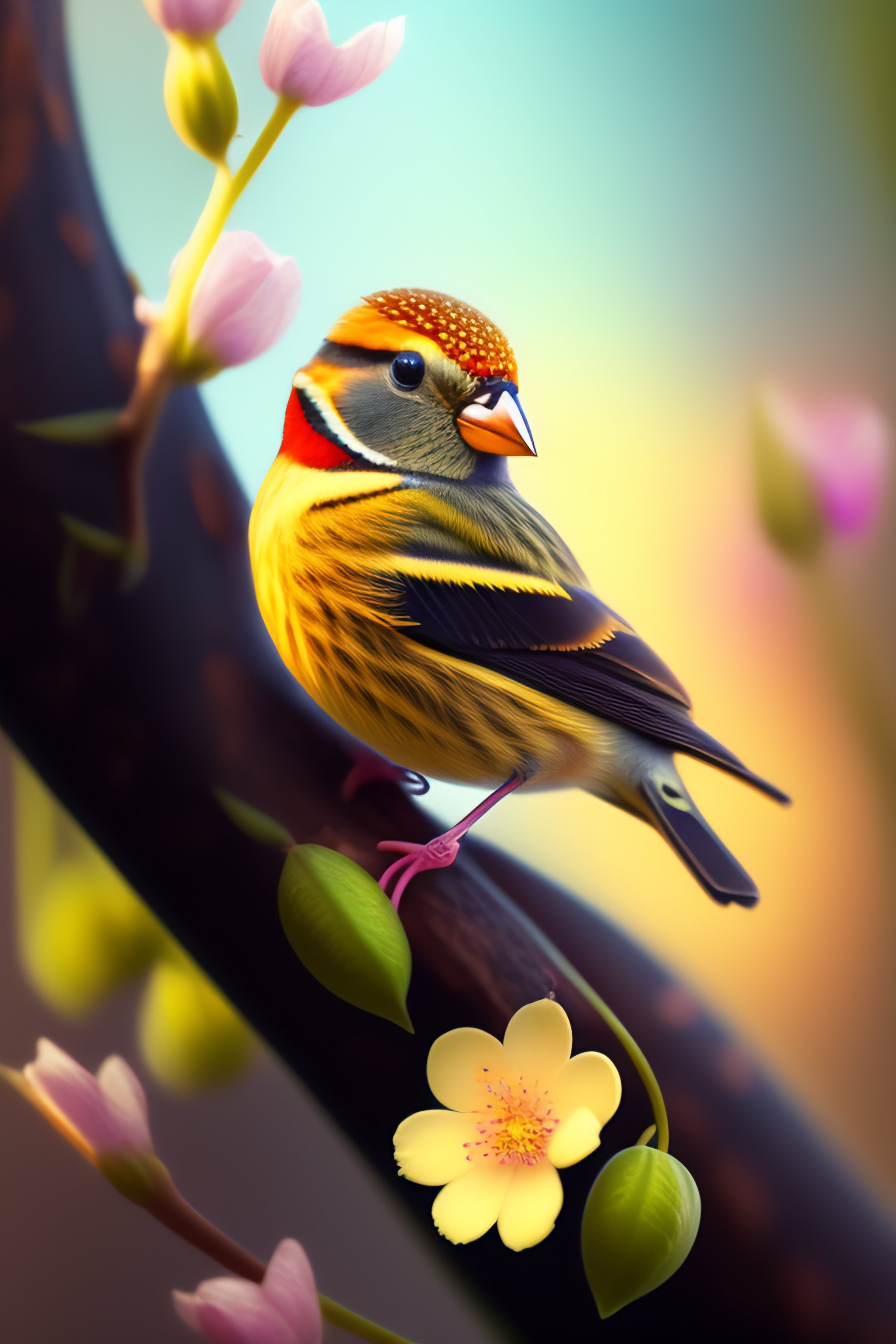 Lexica - A tiny finch on a branch with (spring flowers on background:1. ...