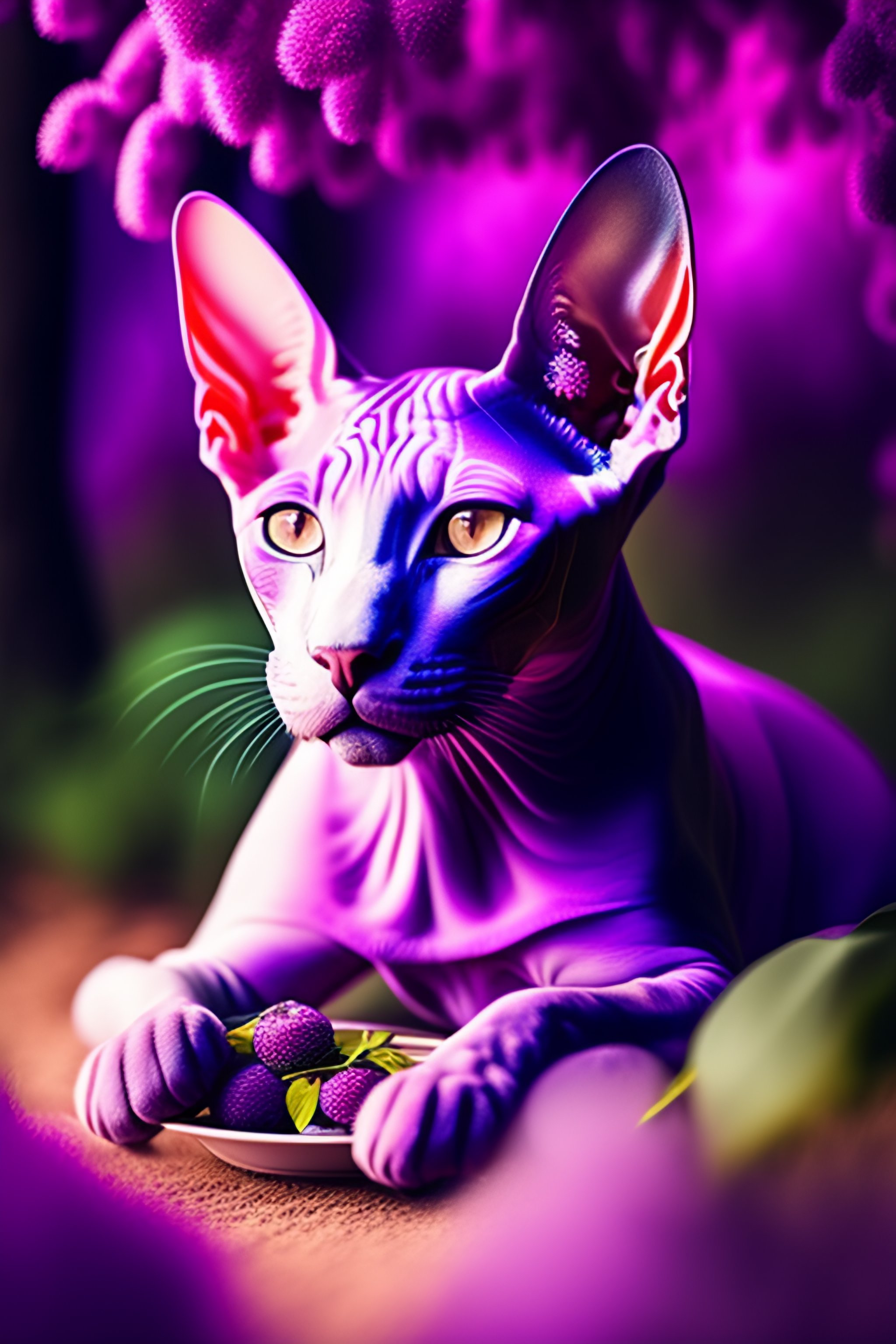 Lexica - Pastel pink sphynx eating blueberries in magical purple forest