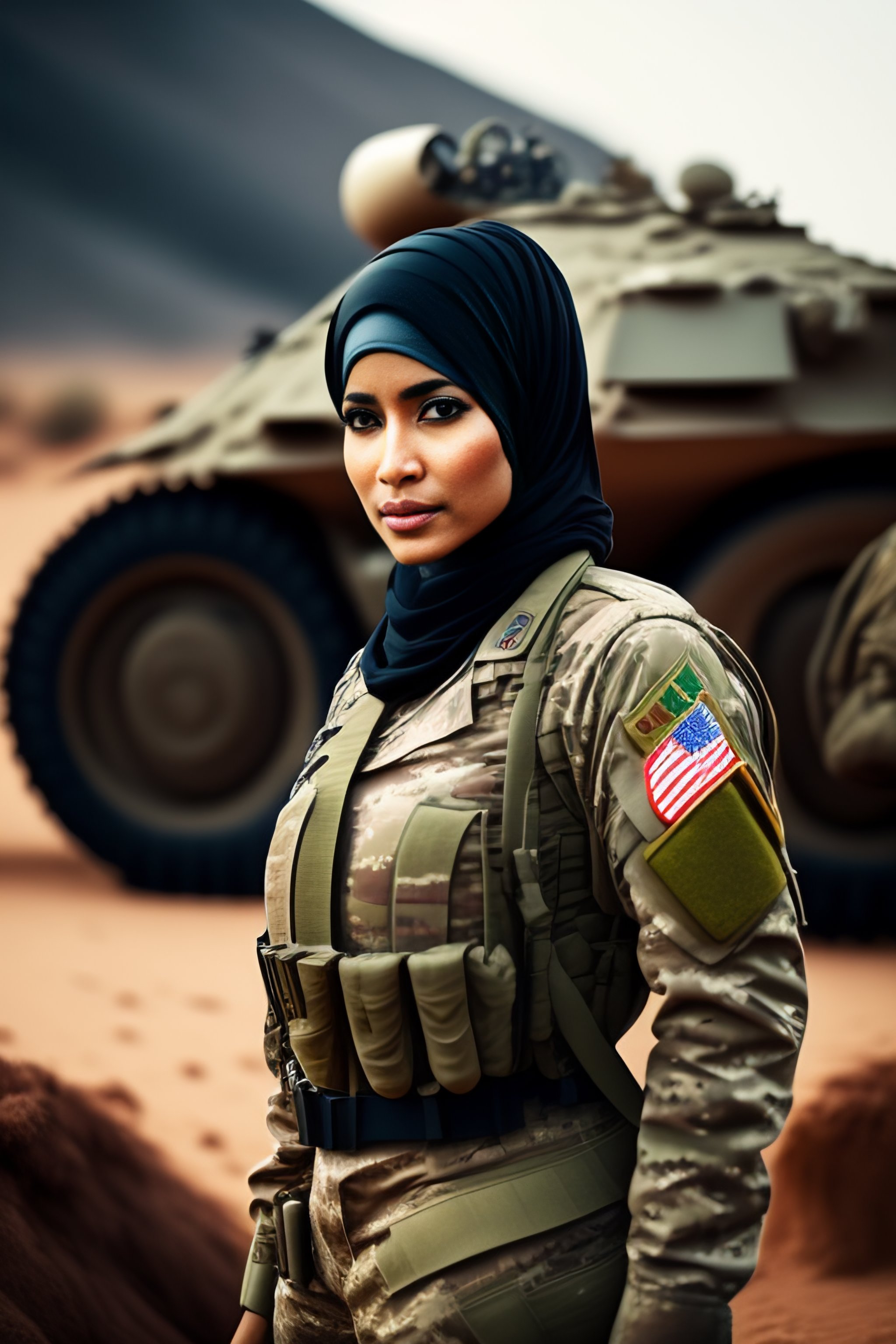Lexica - A beautiful military woman wearing hijab in war, full body,