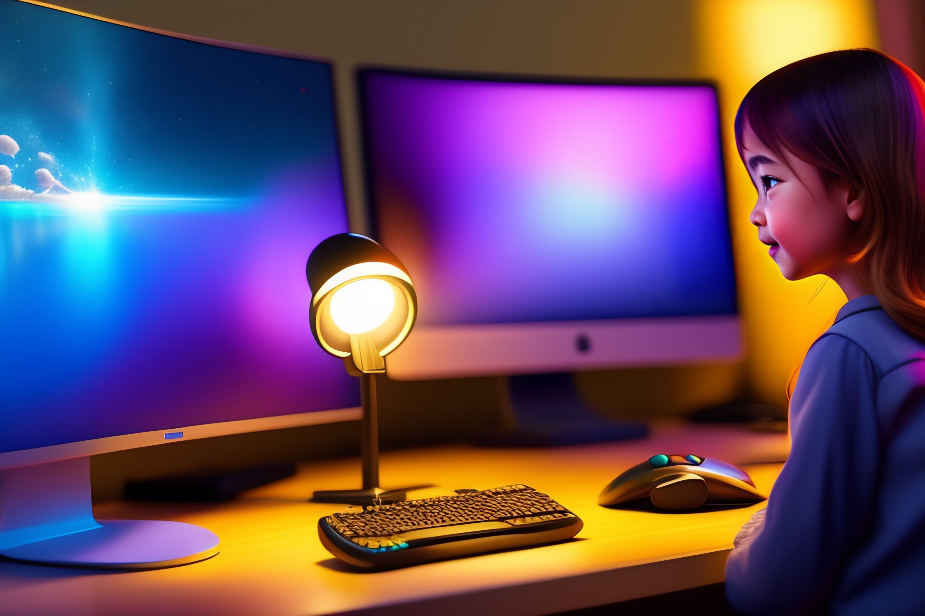 Lexica - Bright Pixar art for a girl playing computer games, where cute ...