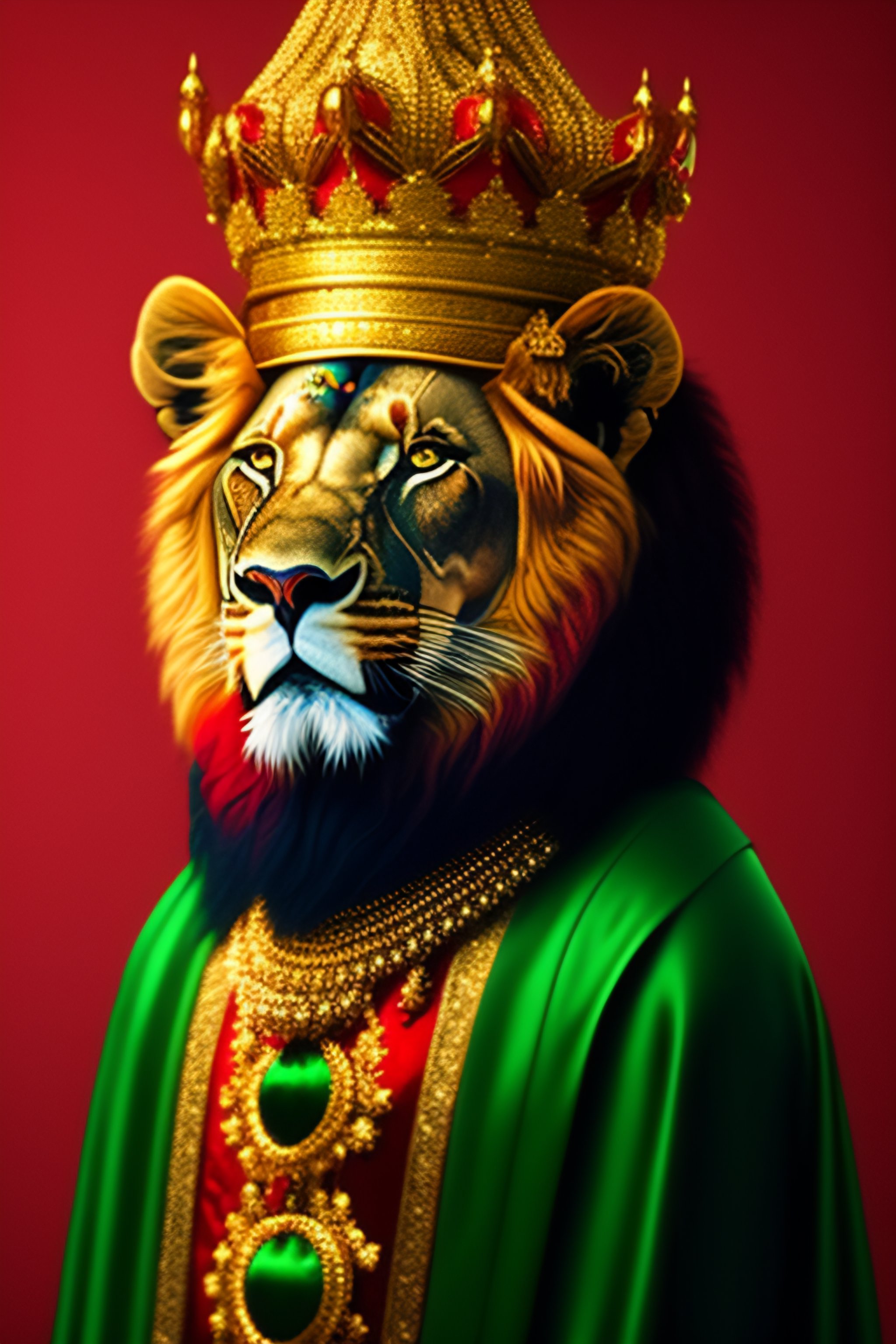Lexica - Lion head with gold crown, traditional clothes in red and ...