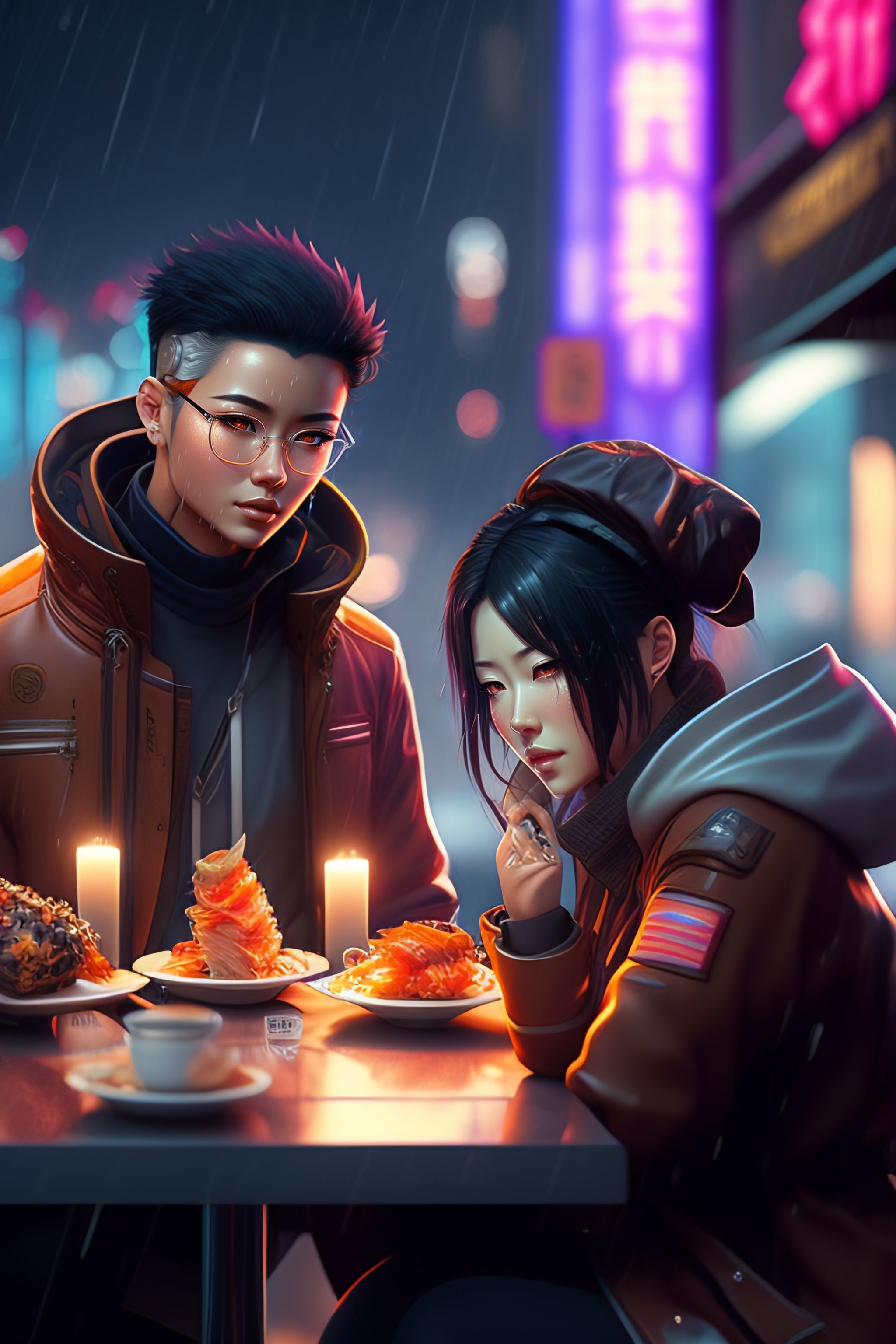 Lexica - A group of cyberpunk cyborg eating sushi on a table outside in ...
