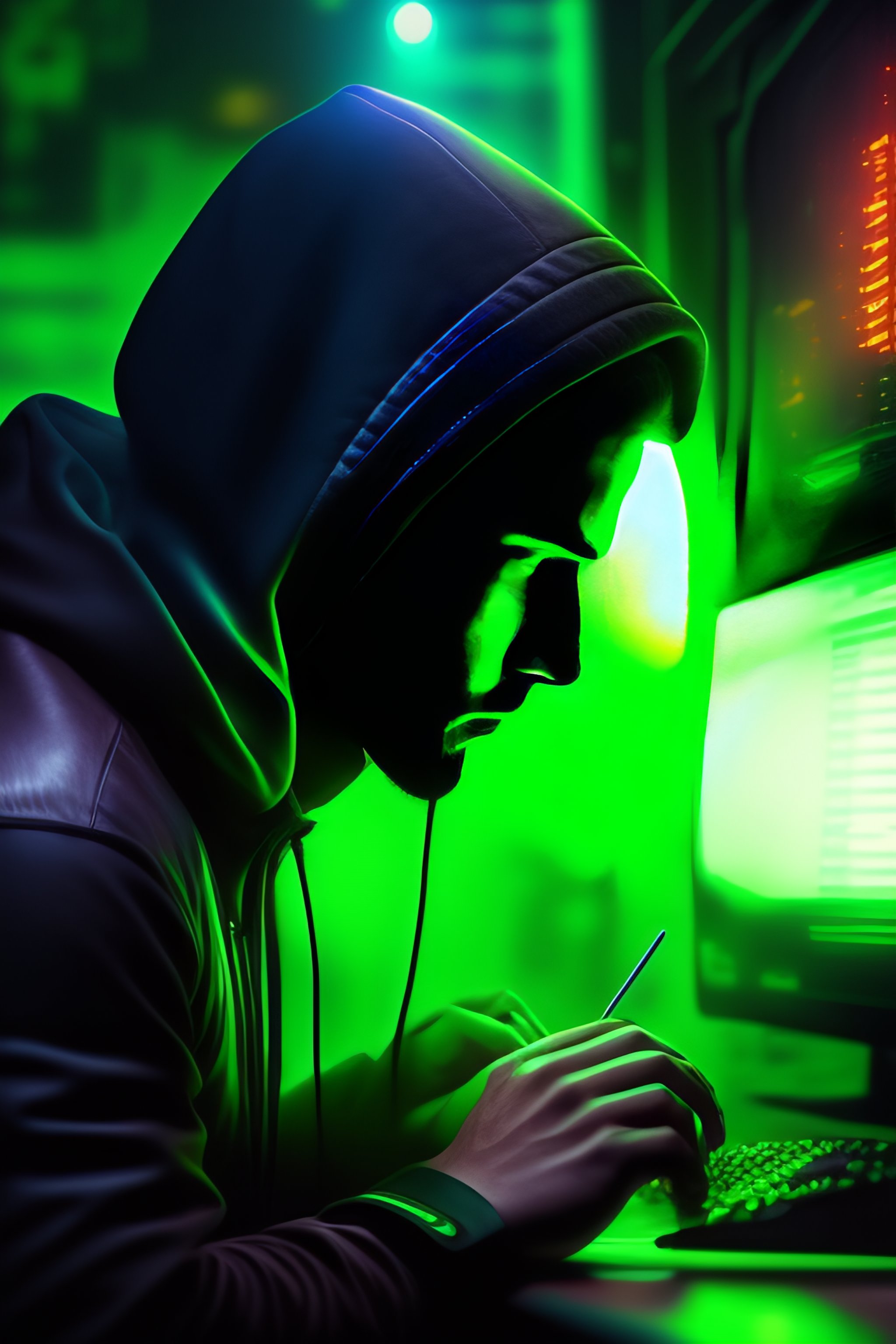 Lexica - A hacker sitting at his computer with green glare by raymond ...