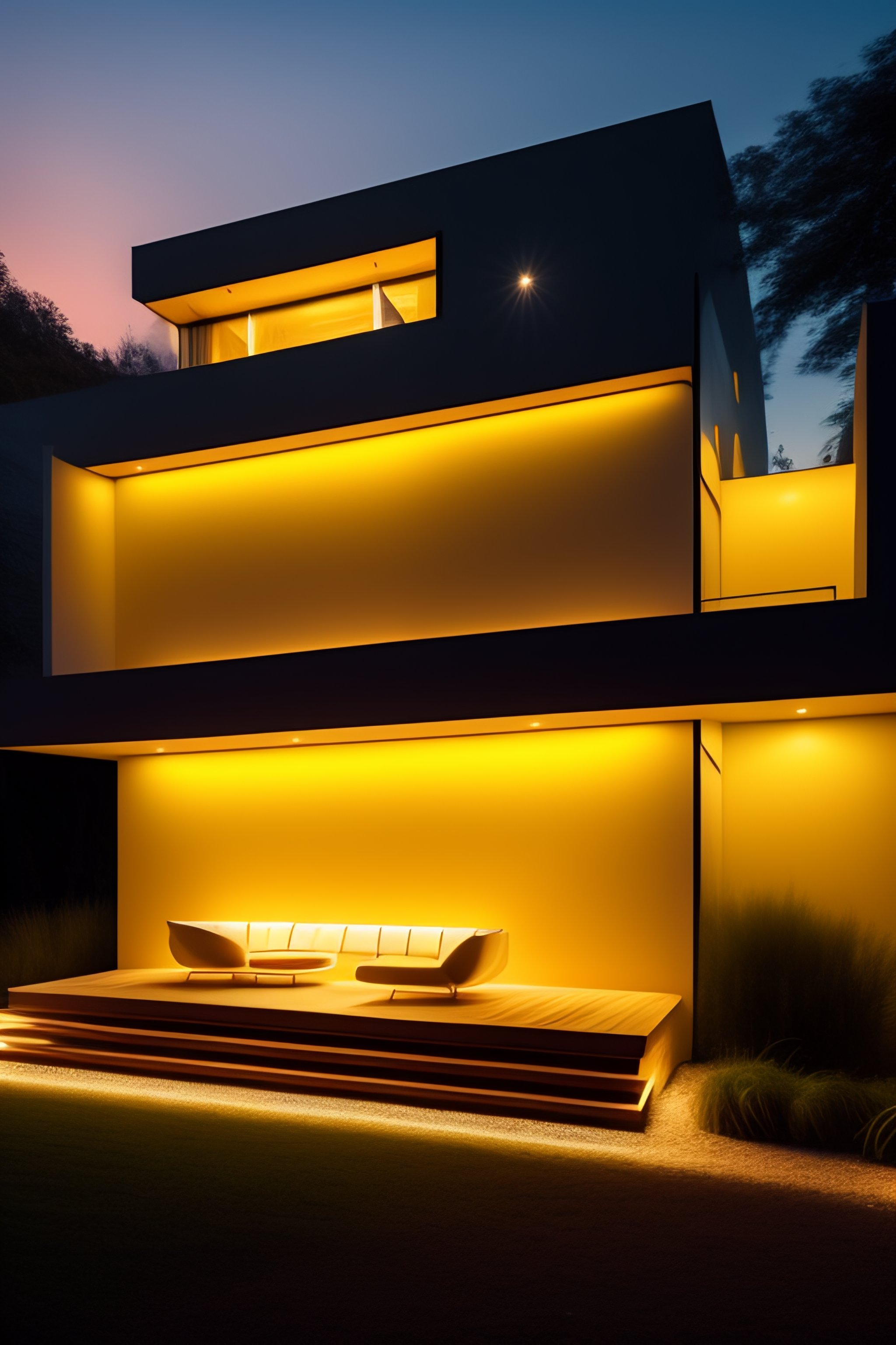 Lexica - A luxury house surrounded by LED lights, yellow seats