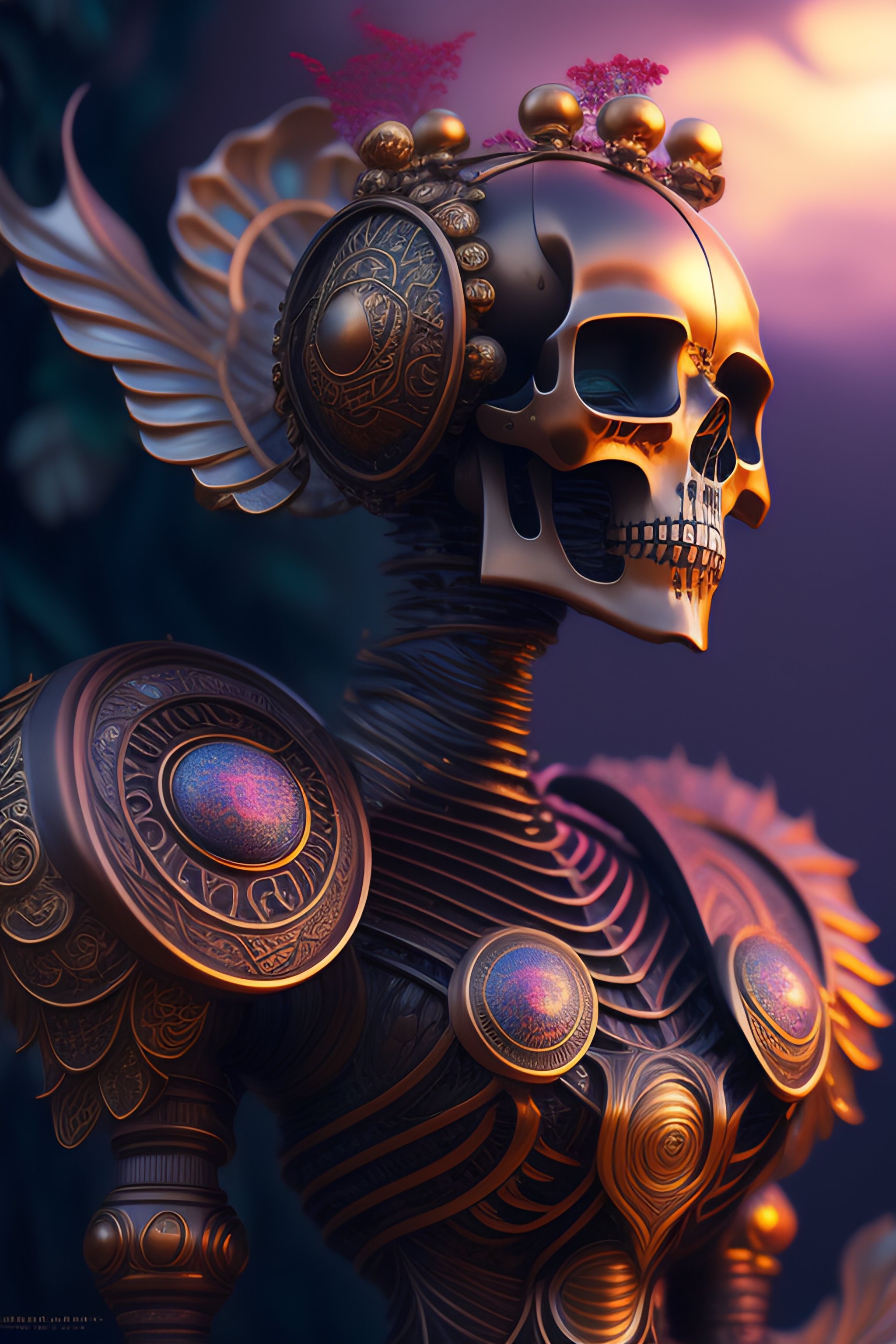 Lexica - A carved overgrown statue of a skelleton, robot, extremly ...