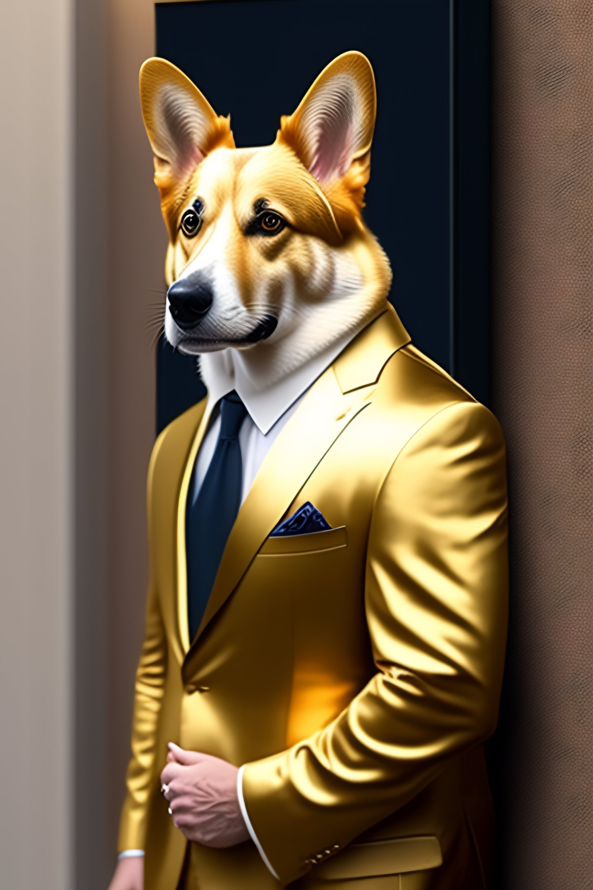 Lexica - A portrait of Golden Sable corgi dog wearing suit and tie, by ...