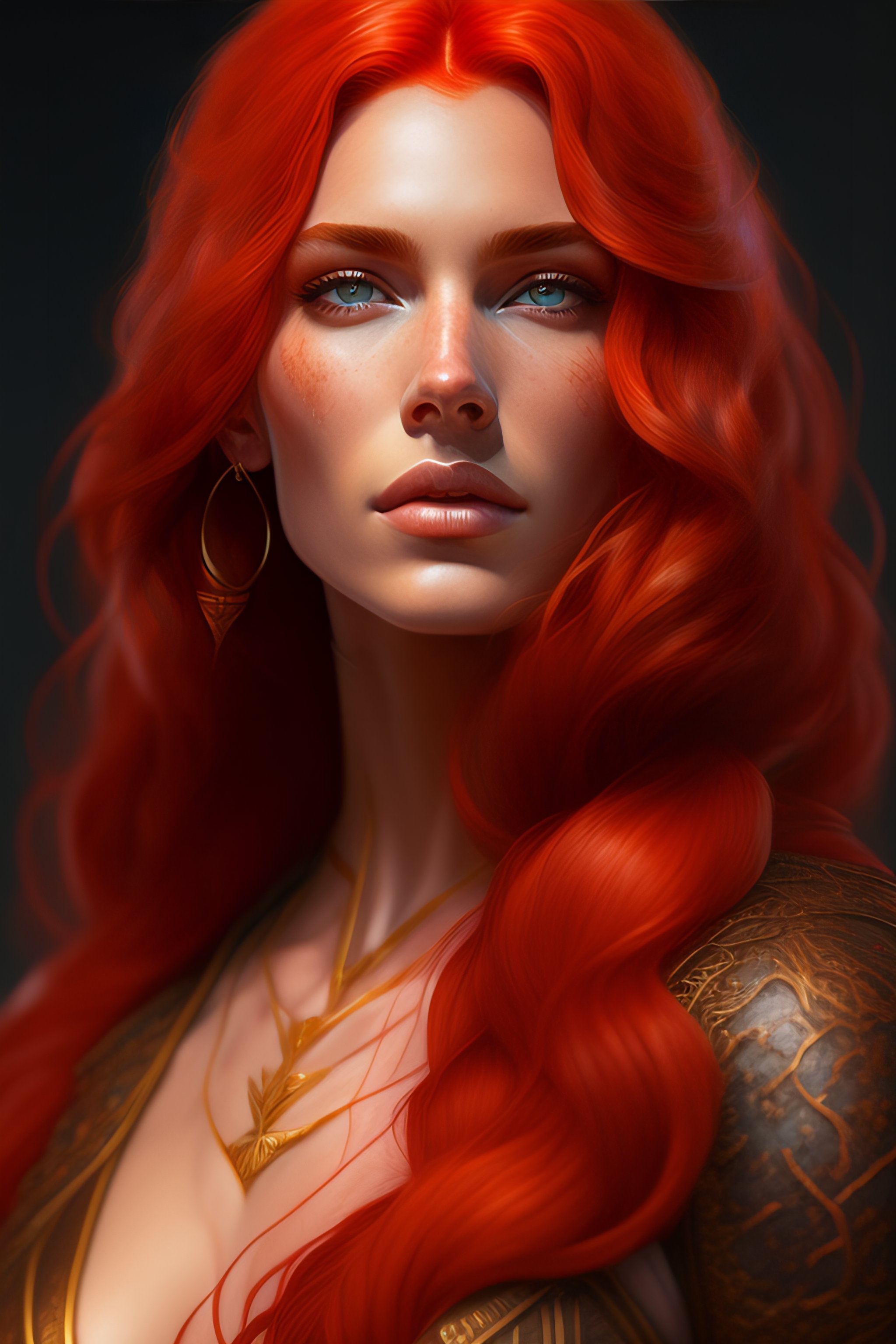 Lexica - Portrait of a red hair god, copper wires, visible scars and ...
