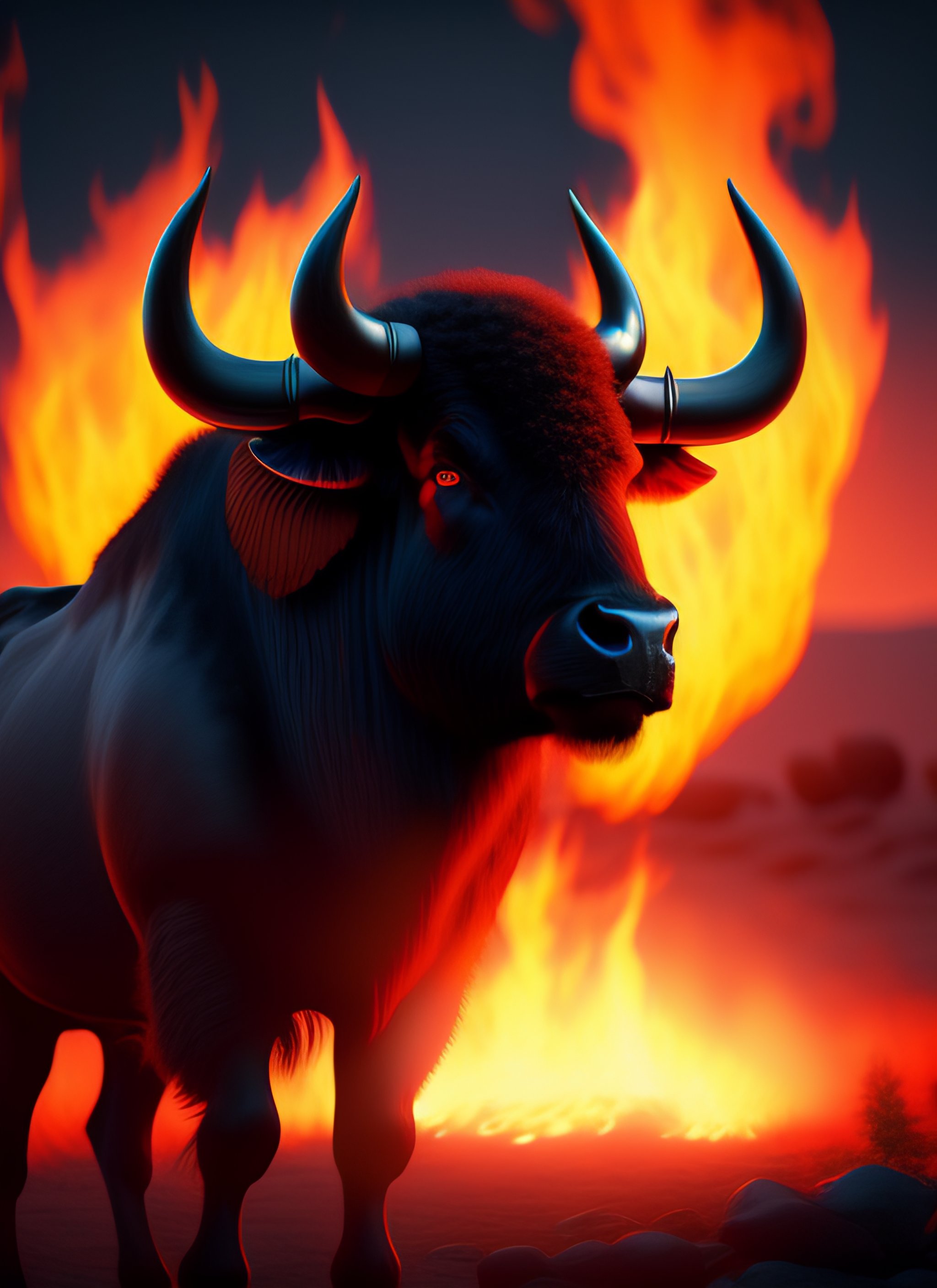 Lexica - The image of a buffalo rises in the flames of a campfire ...