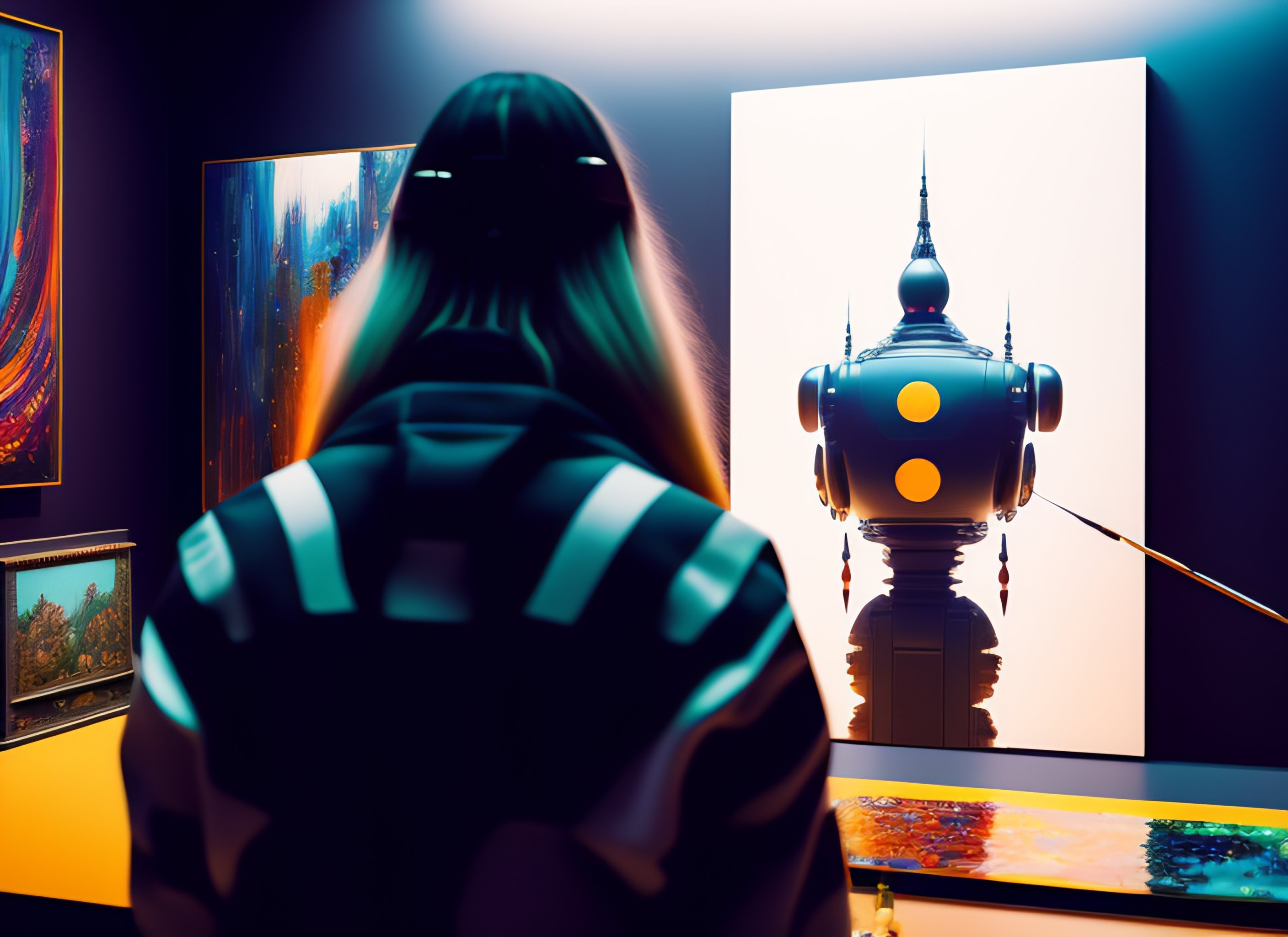 Lexica - Photo of futuristic AI robot painter as artist with robot head ...
