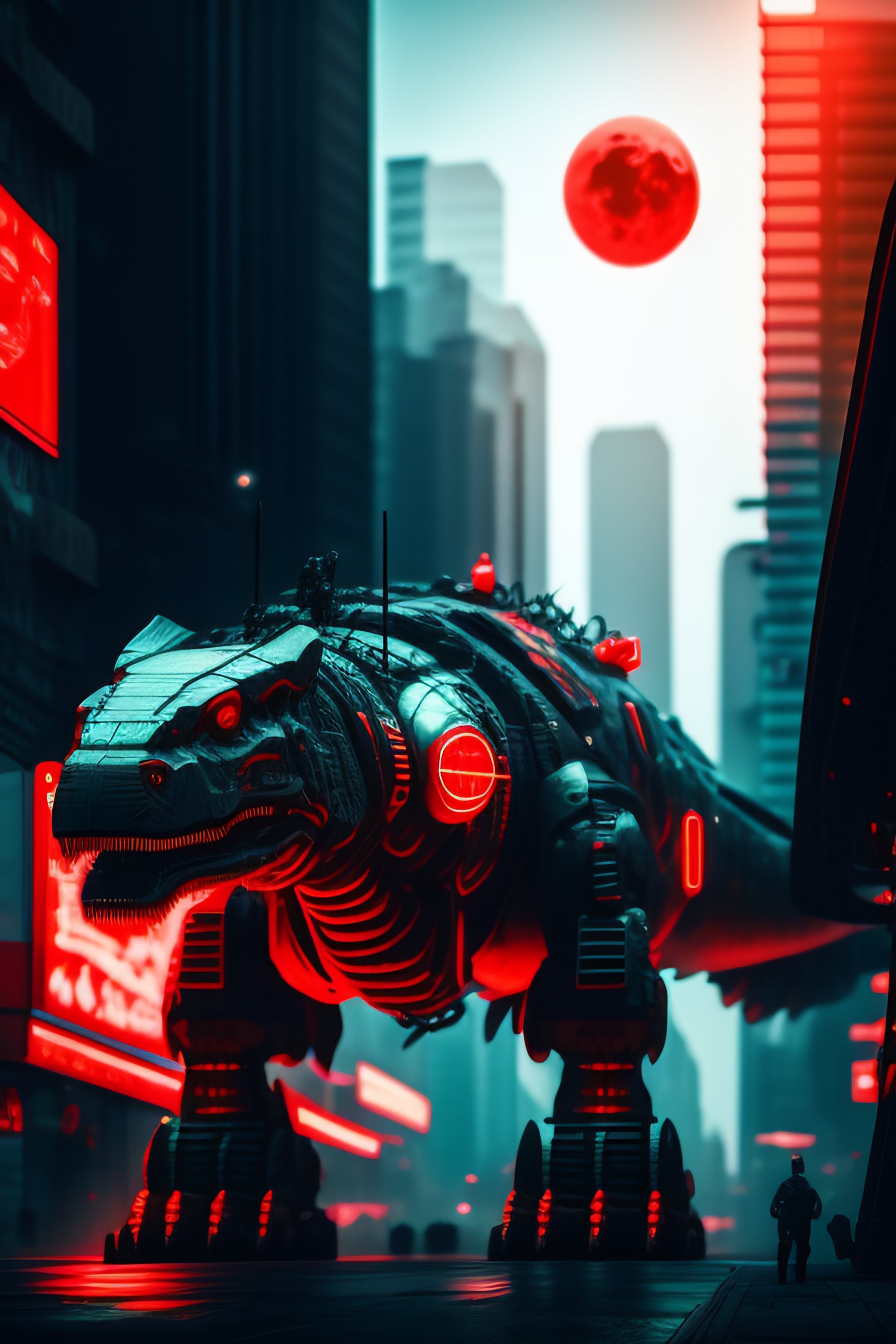 Lexica - Cyberpunk, city destroyed, Mecha t Rex, with red neon ...