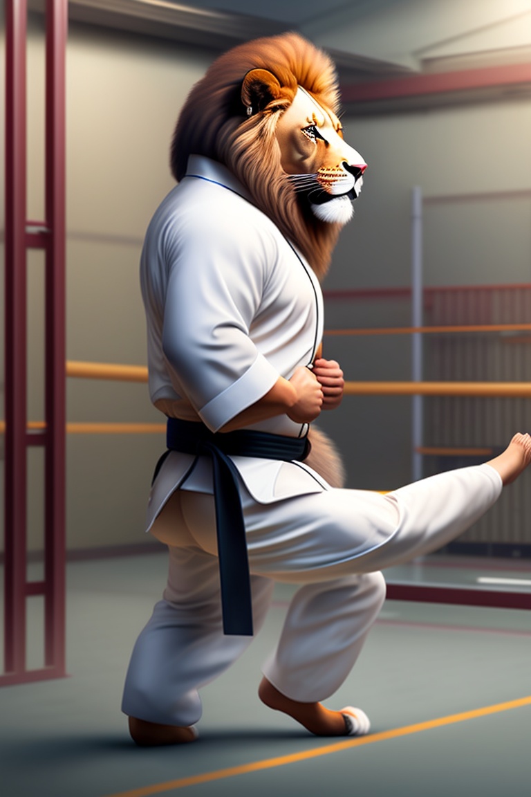 Lexica - Draw a very realistic huge lion wearing a white karate suit ...