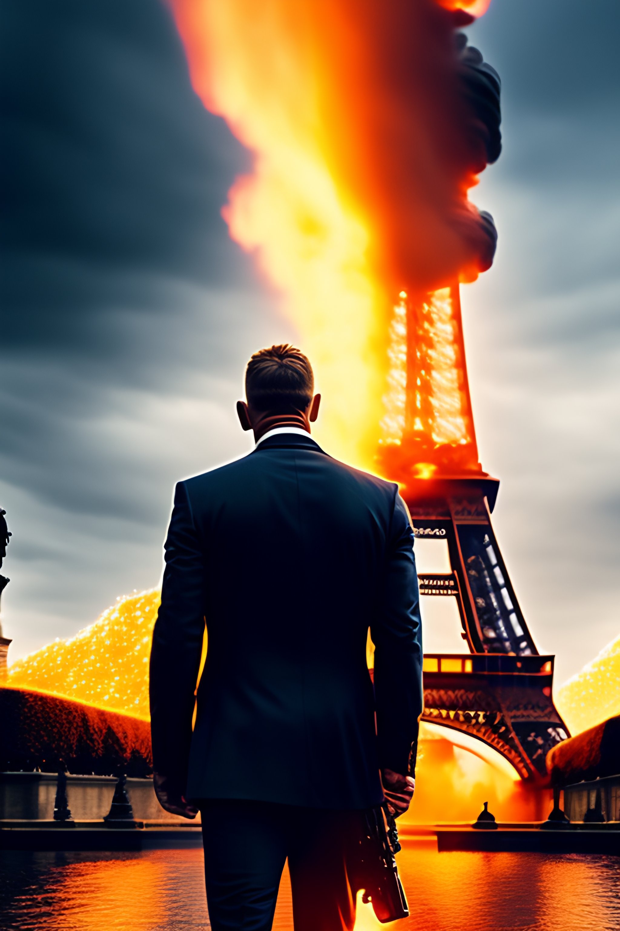 Lexica - James Bond, Daniel Craig walking away from exploding Eiffel tower toward the camera ...