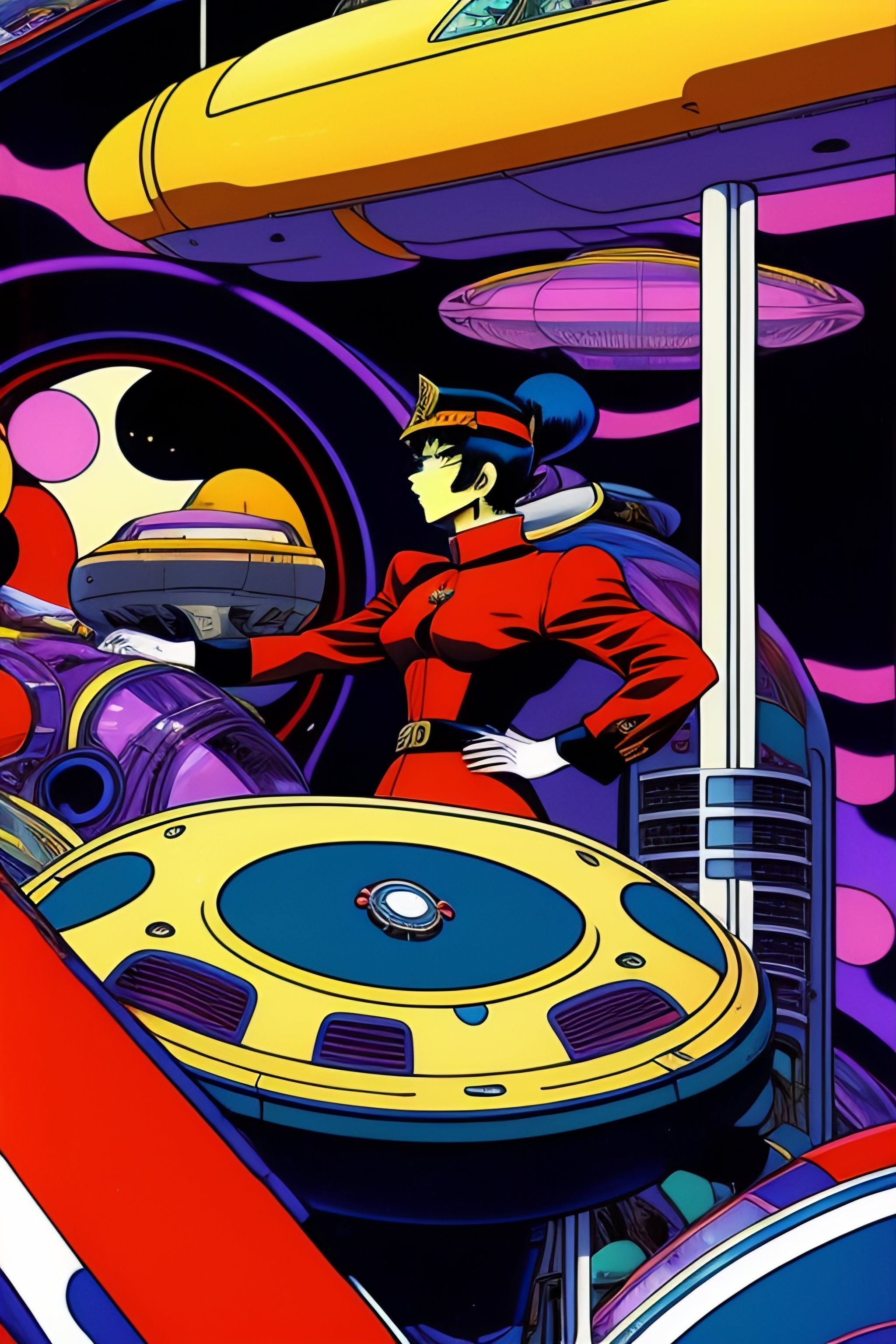 Lexica - Vintage 60's anime style. cluttered starship interior; captain ...