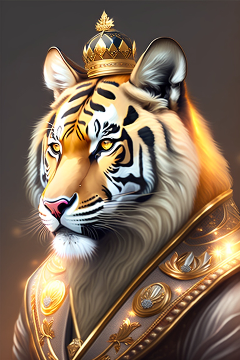 Lexica - Portrait of a tiger with king crown, gold jacket, elegant ...
