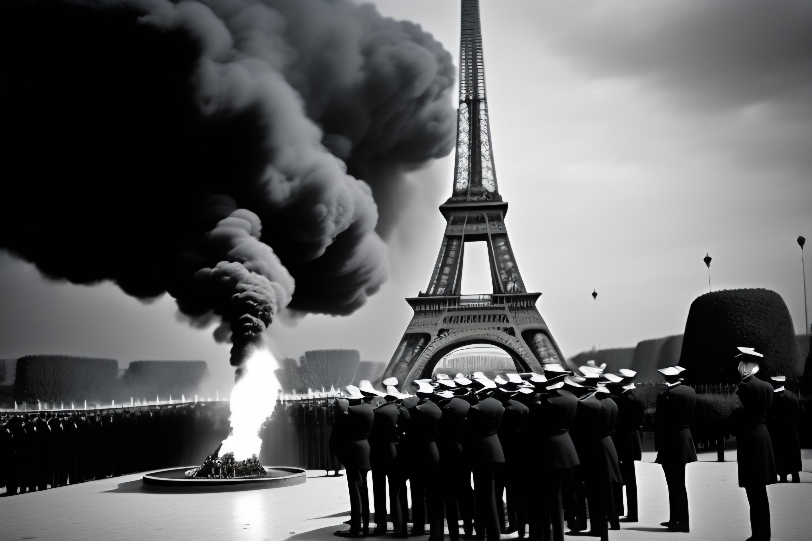 Lexica - Old black and white photo of the Eiffel tower being set on ...