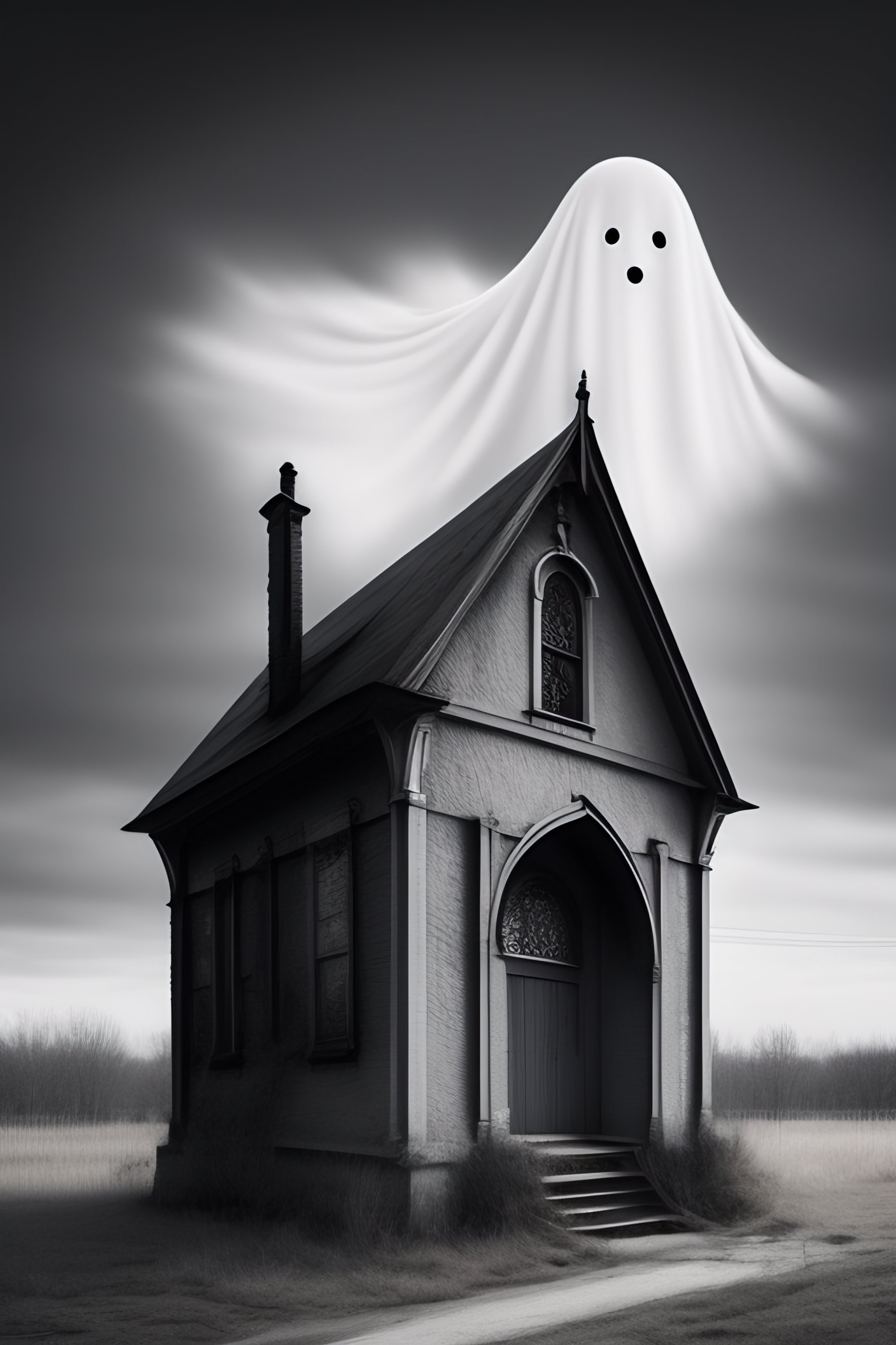 Lexica - Monochrome, creepy giant ghost over sleepy town