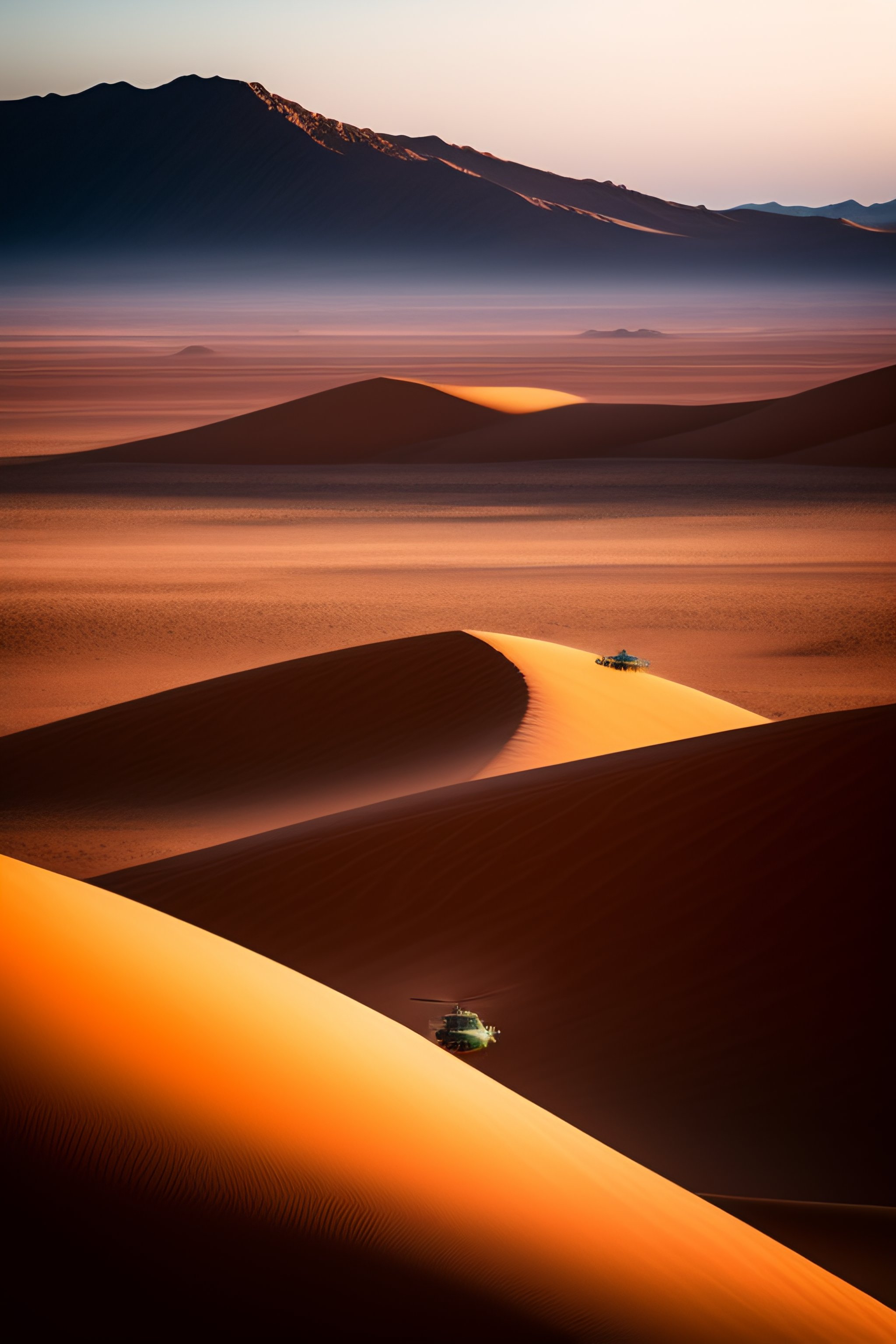 Lexica - A helicopter hovering low over the desert