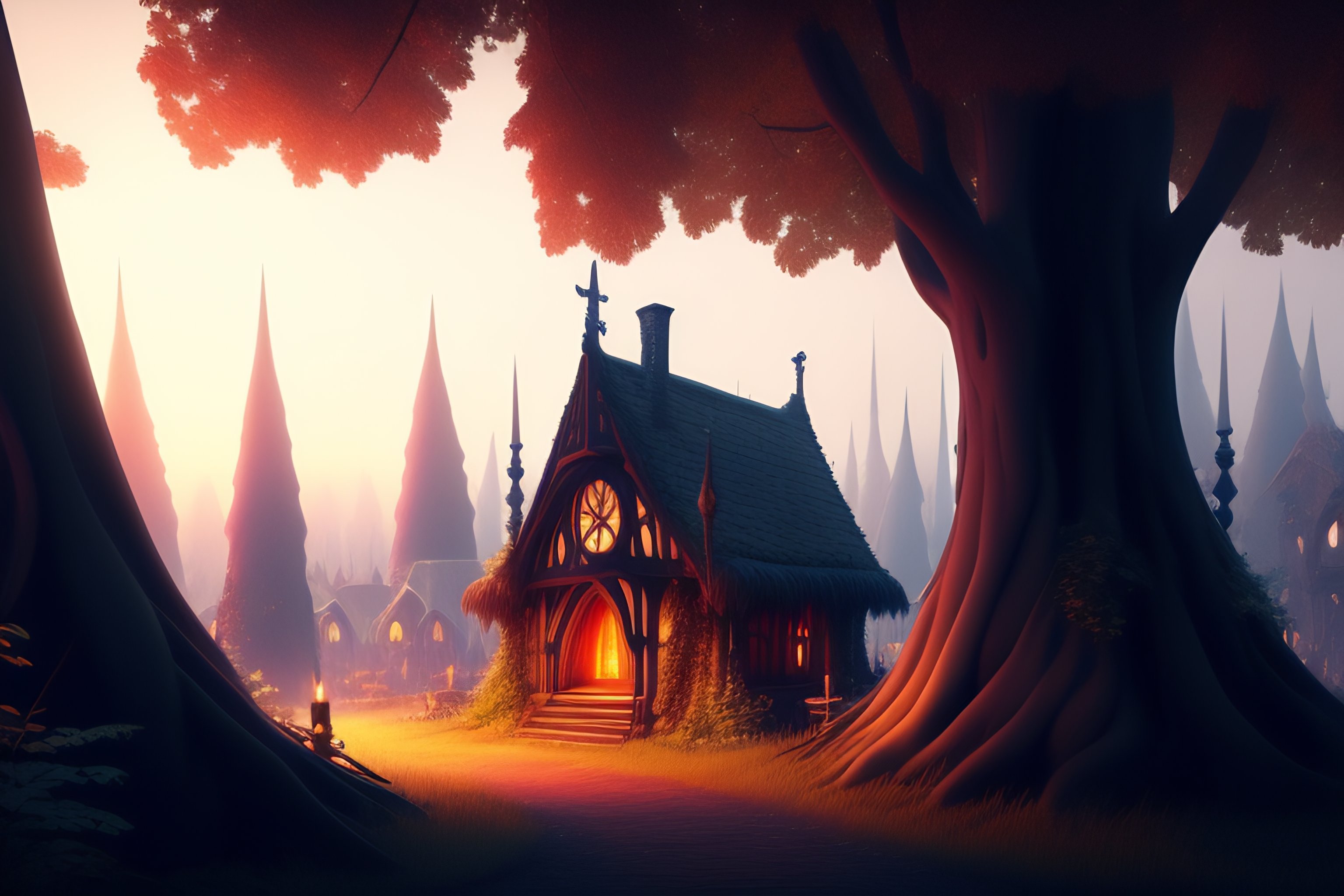 Lexica - Creepy forest, campfire with medieval gothic village in the ...