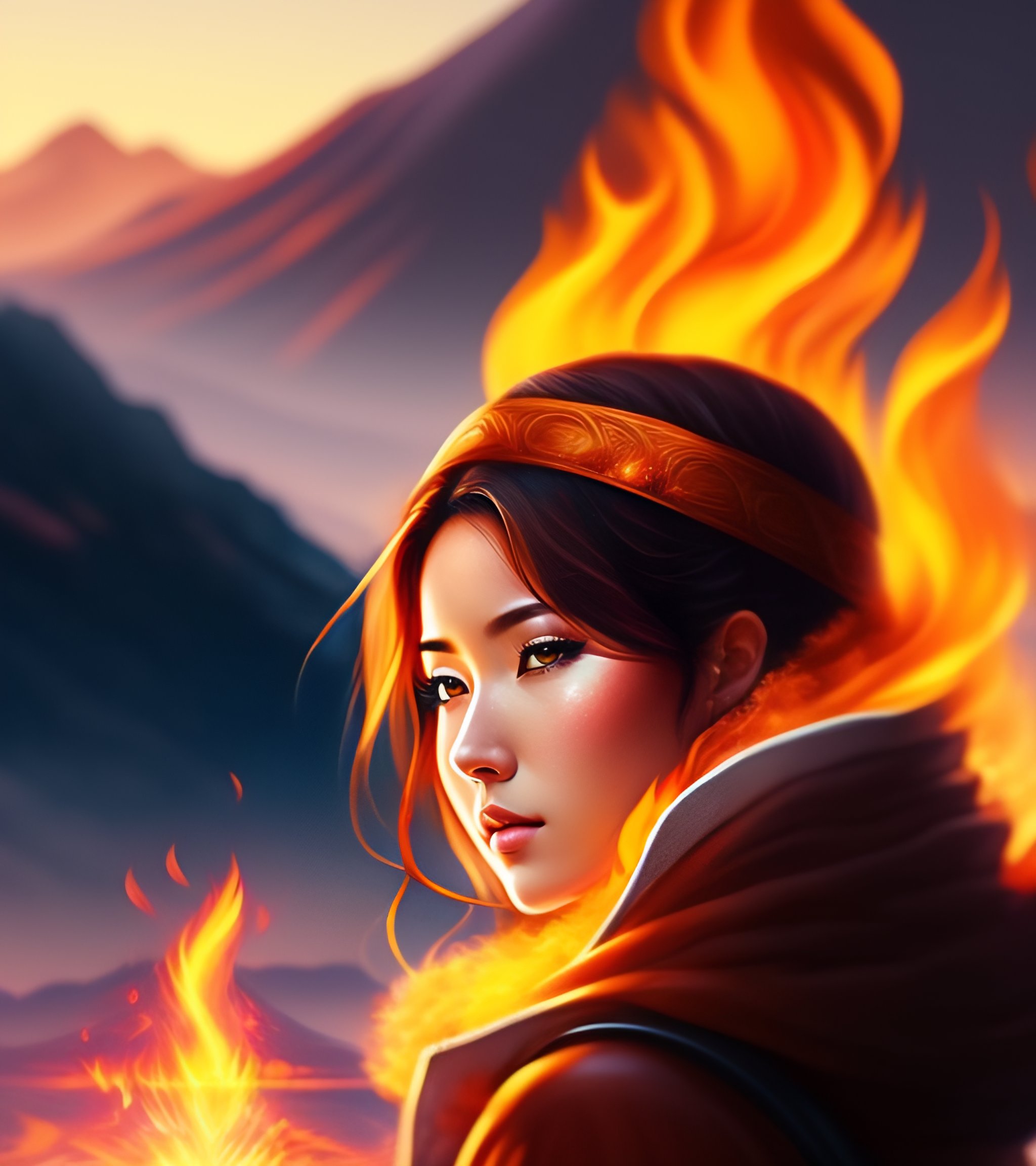 Lexica - Anime, close up portrait woman with fire magic, volcanic landscape
