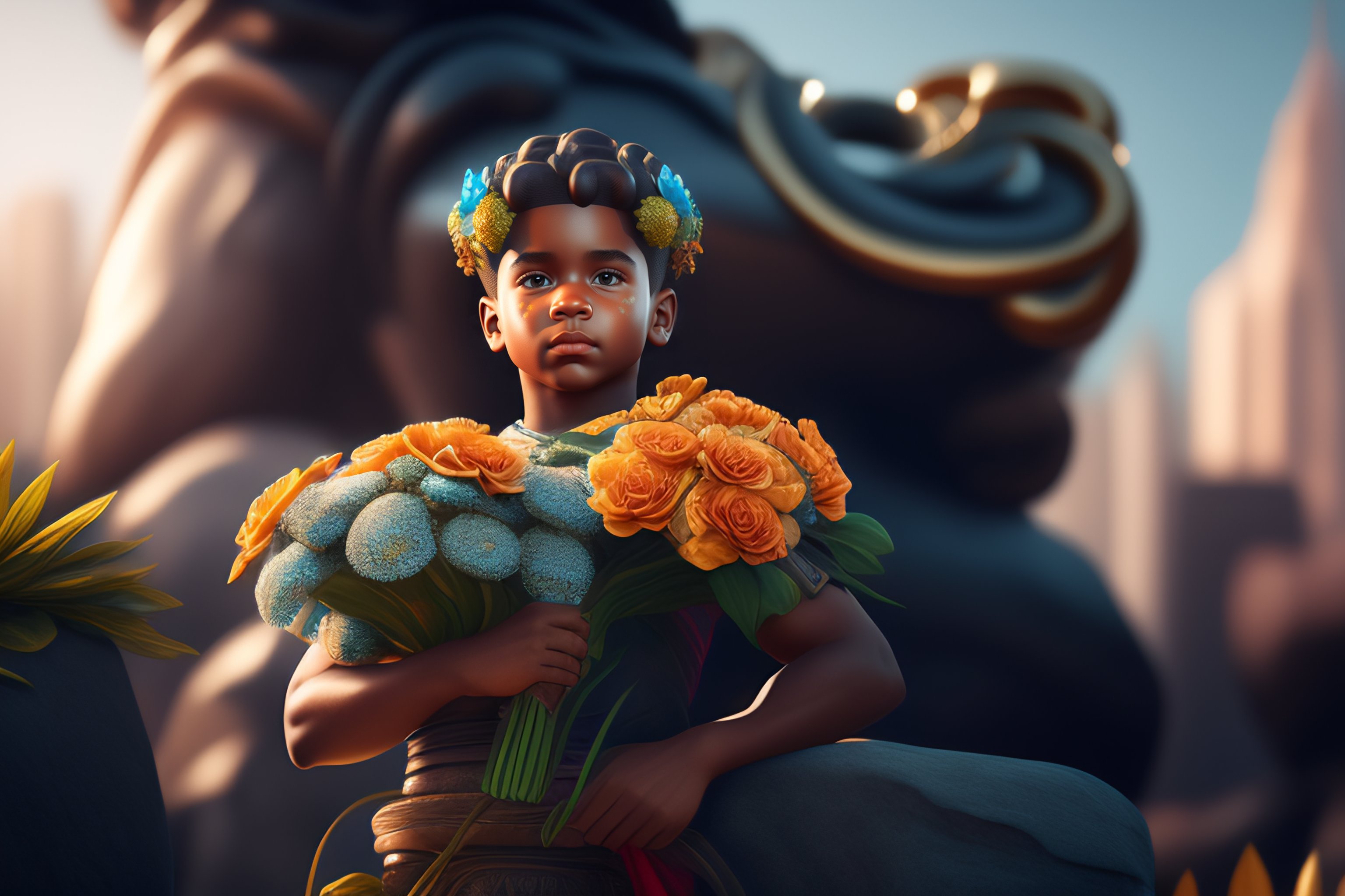 Lexica - Young Hercules turned to stone with a bouquet of flowers in ...