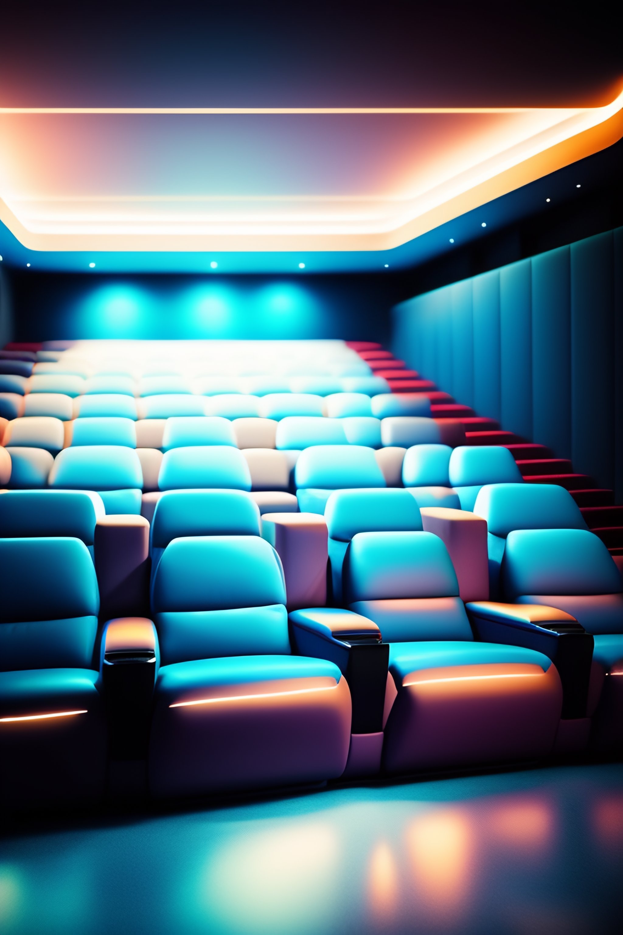 Lexica - Futuristic movie theater ((screen)), sky blue leather seats ...