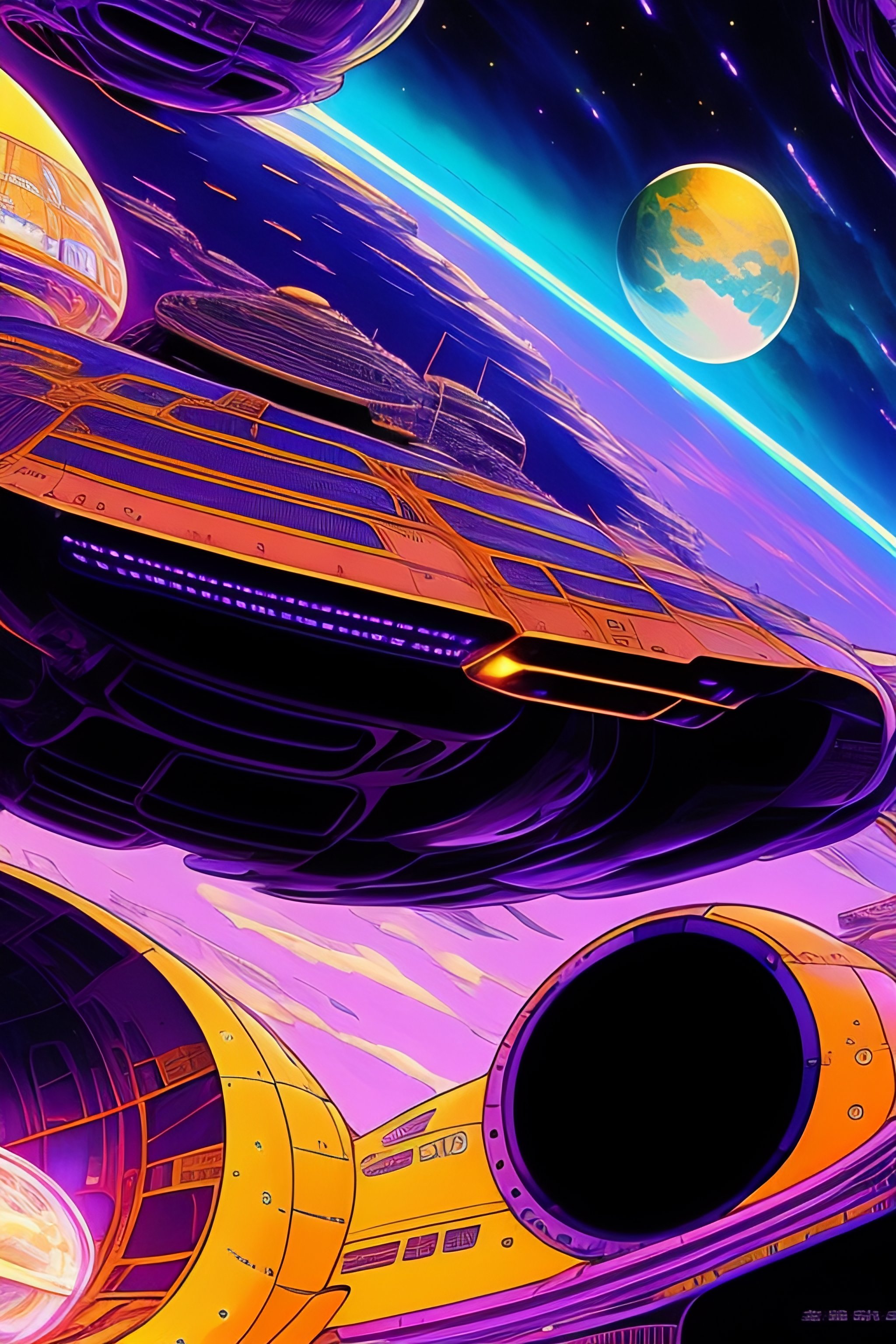 Lexica - Vintage 90's anime style. cluttered starship interior; crew ...