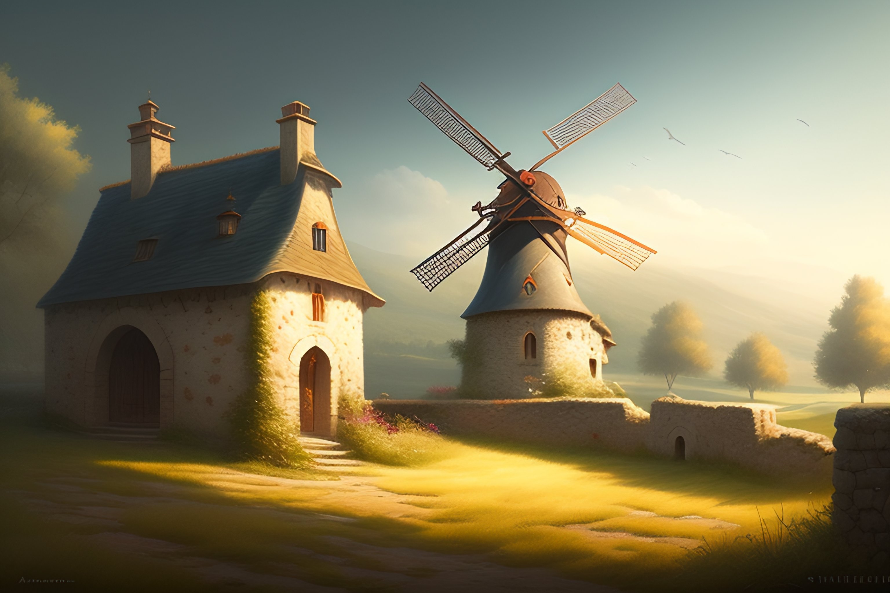 Lexica - Windmill, very long shot, medieval french landscape, by ...