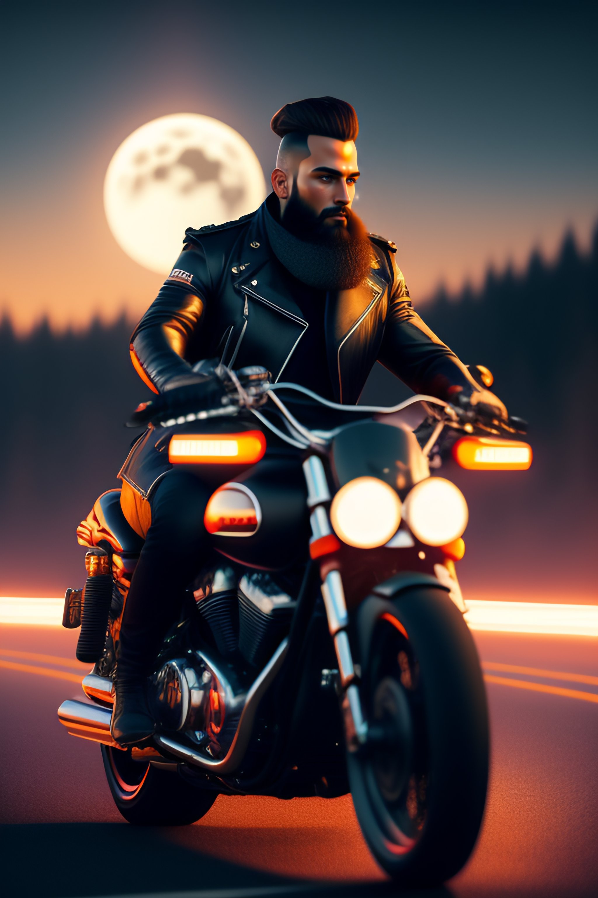 Lexica - Biker man with a beard on a big motorcycle riding on the road ...