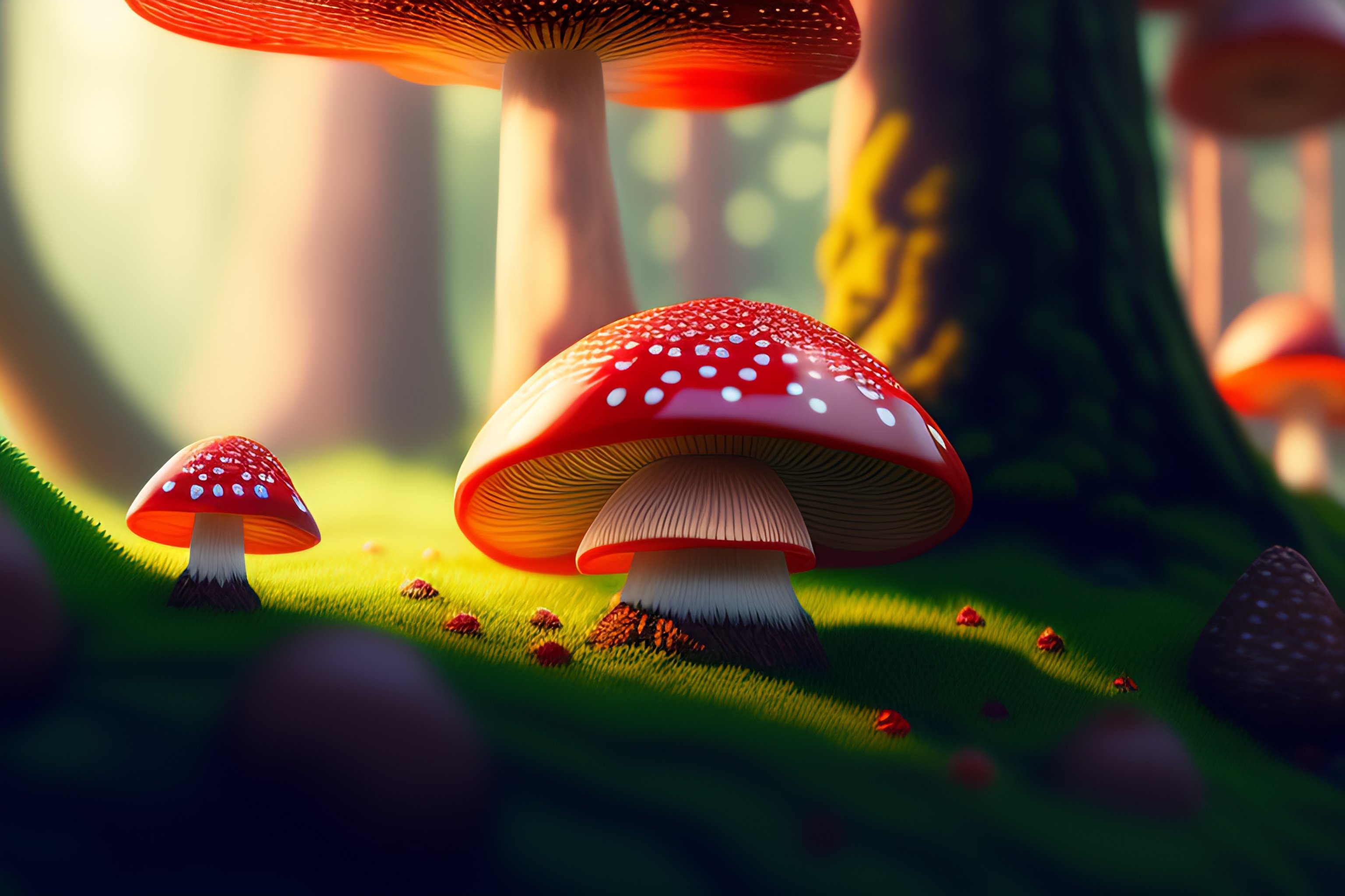 Lexica - A highly detailed matte painting of fly agarics mushrooms in a enchanted forest by ...