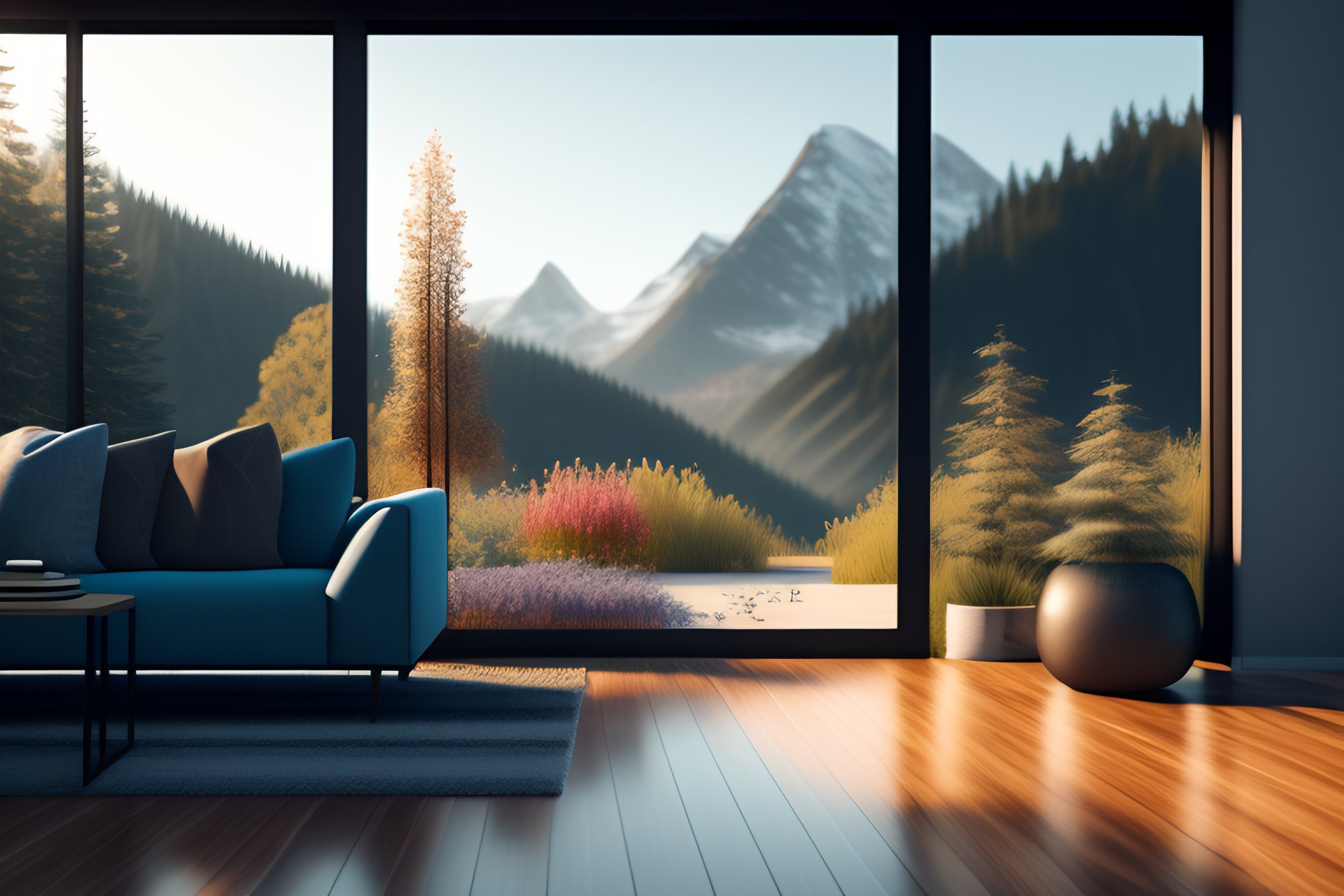 Lexica - A beautiful modern living room with wood floors, large windows ...