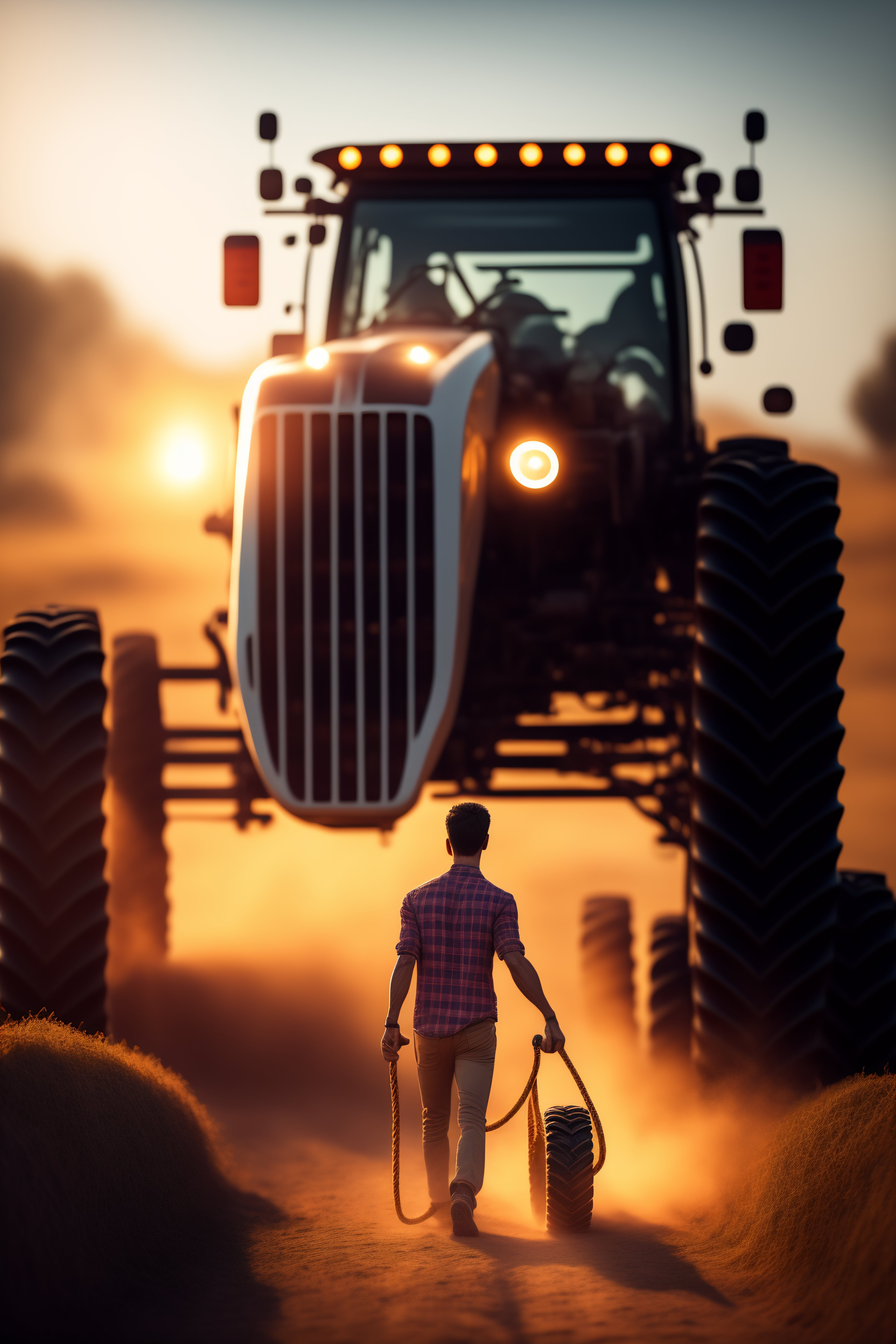 Lexica - A skinny person pulling a tractor by rope, studio lighting ...