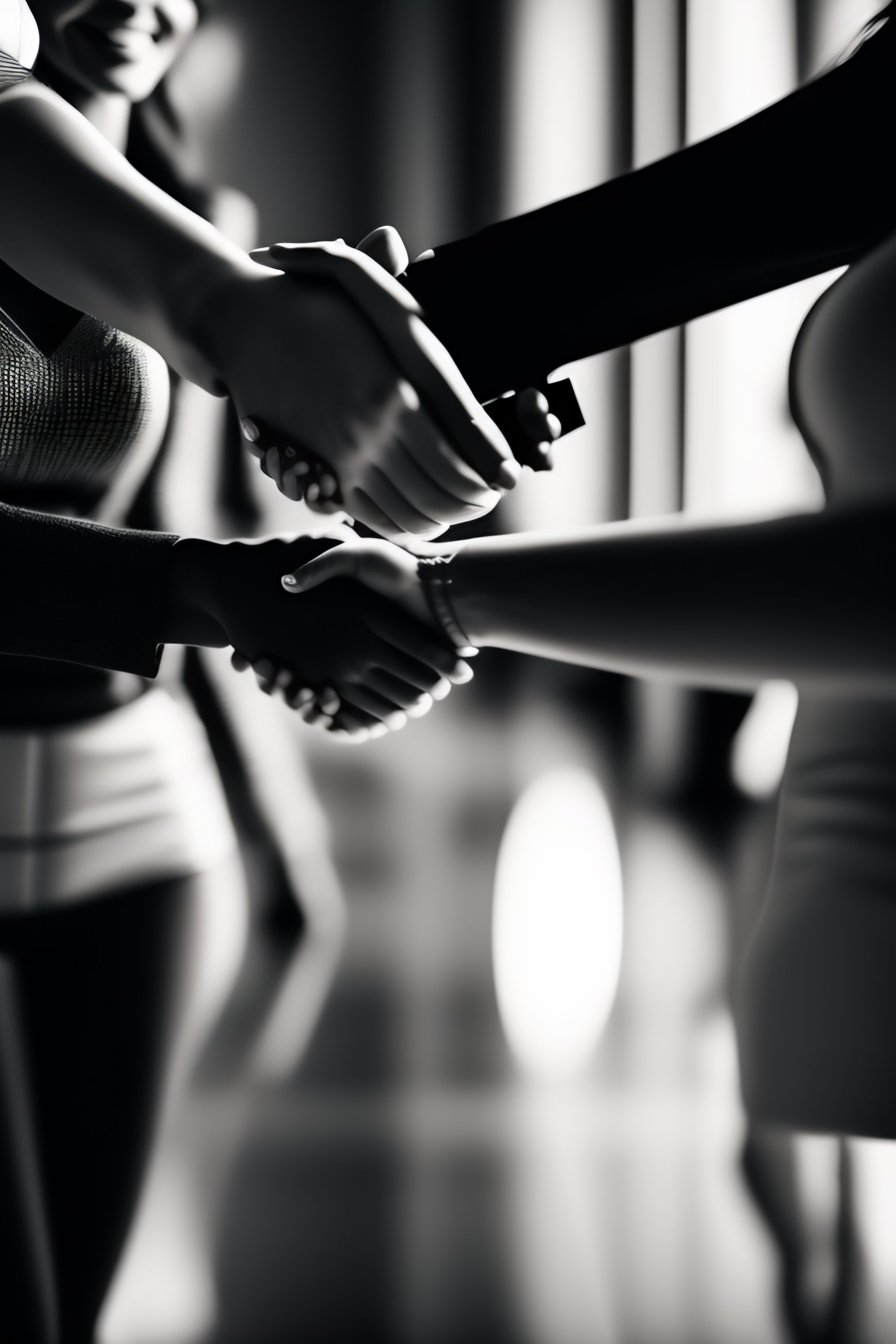 Lexica - Women shaking hands, team-work handshake, top down view, B&W