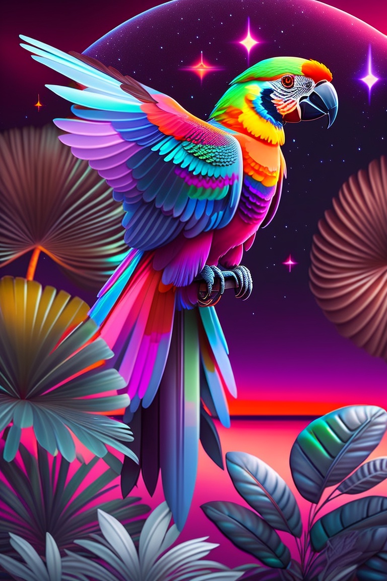 Lexica - Macaw illustration, in the night, with vaporwave psychedelic ...