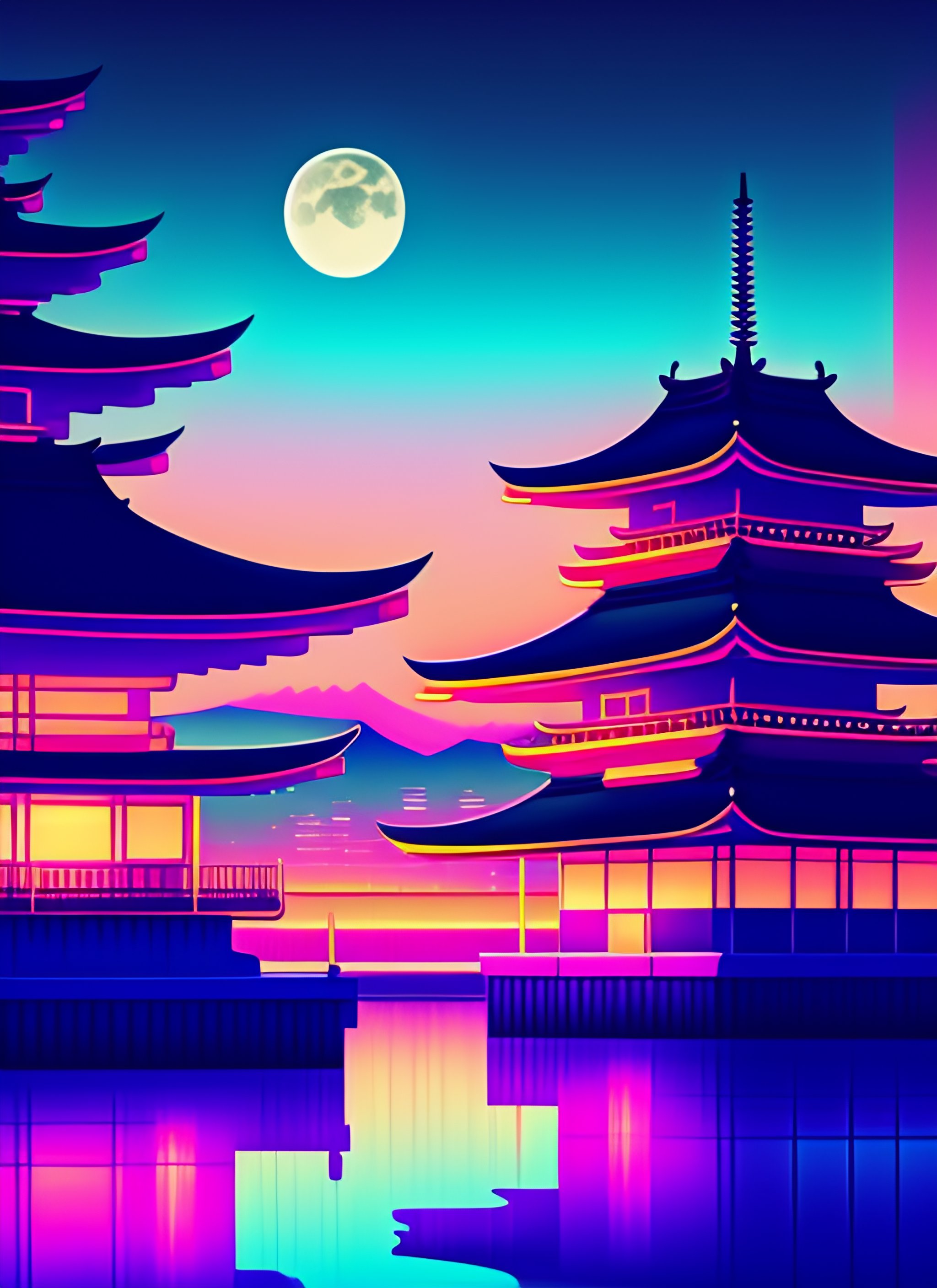 Lexica - Synthwave japanese town with moon background, sharp focus,
