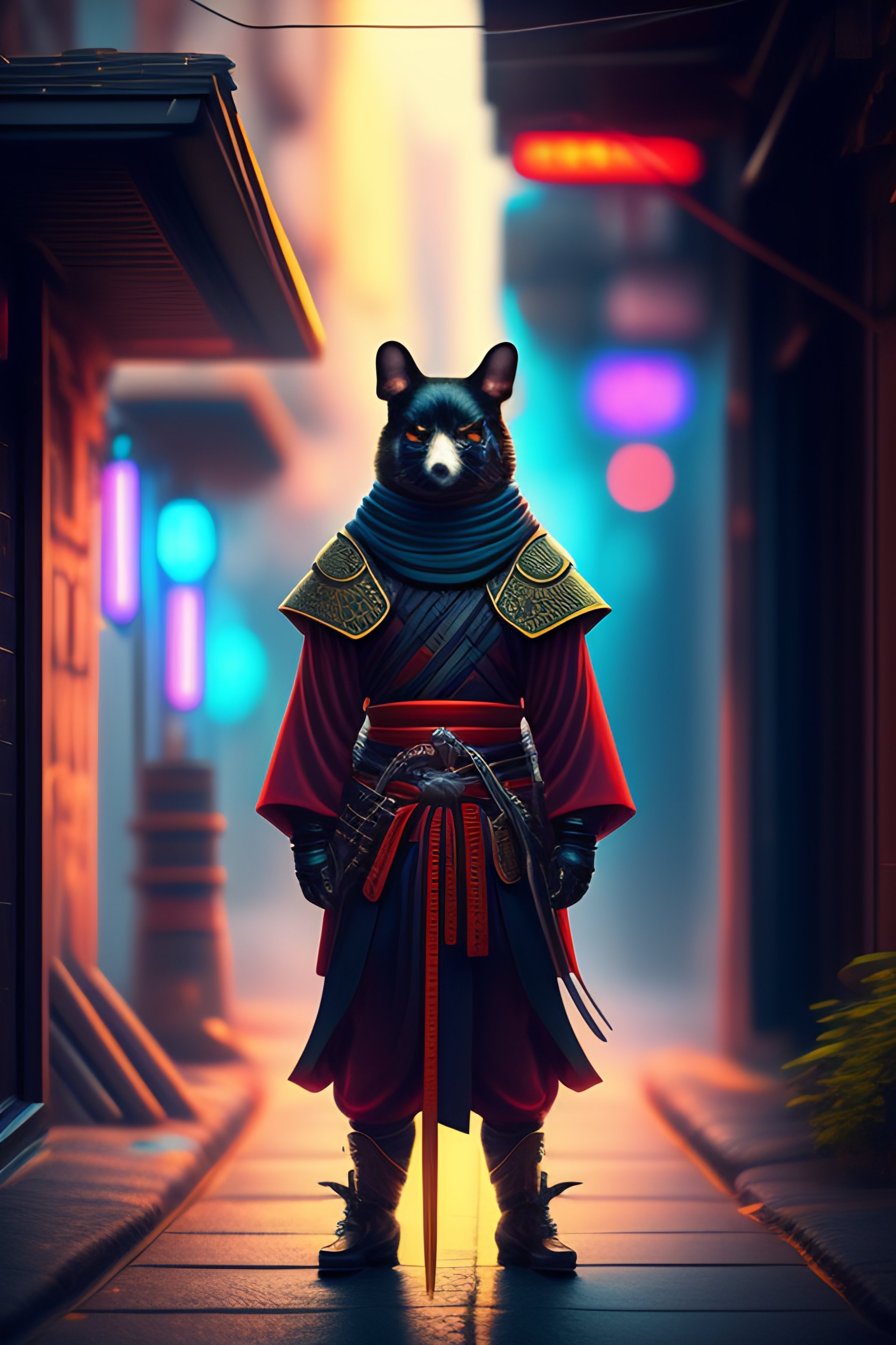 Lexica - Samurai pepe in a cyberpunk alley