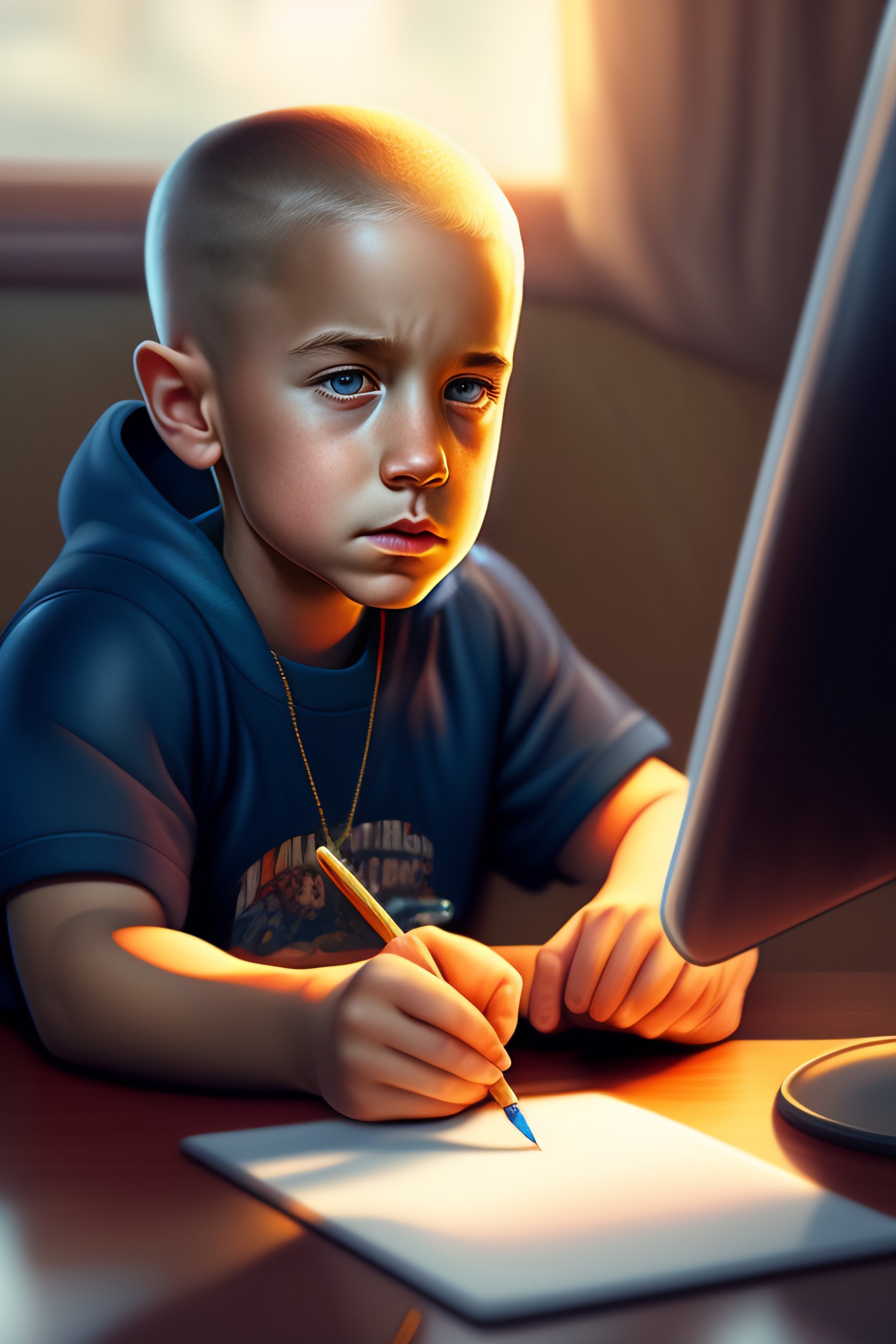 Lexica - A young kid writing on a notepad, a thought bubble above him ...