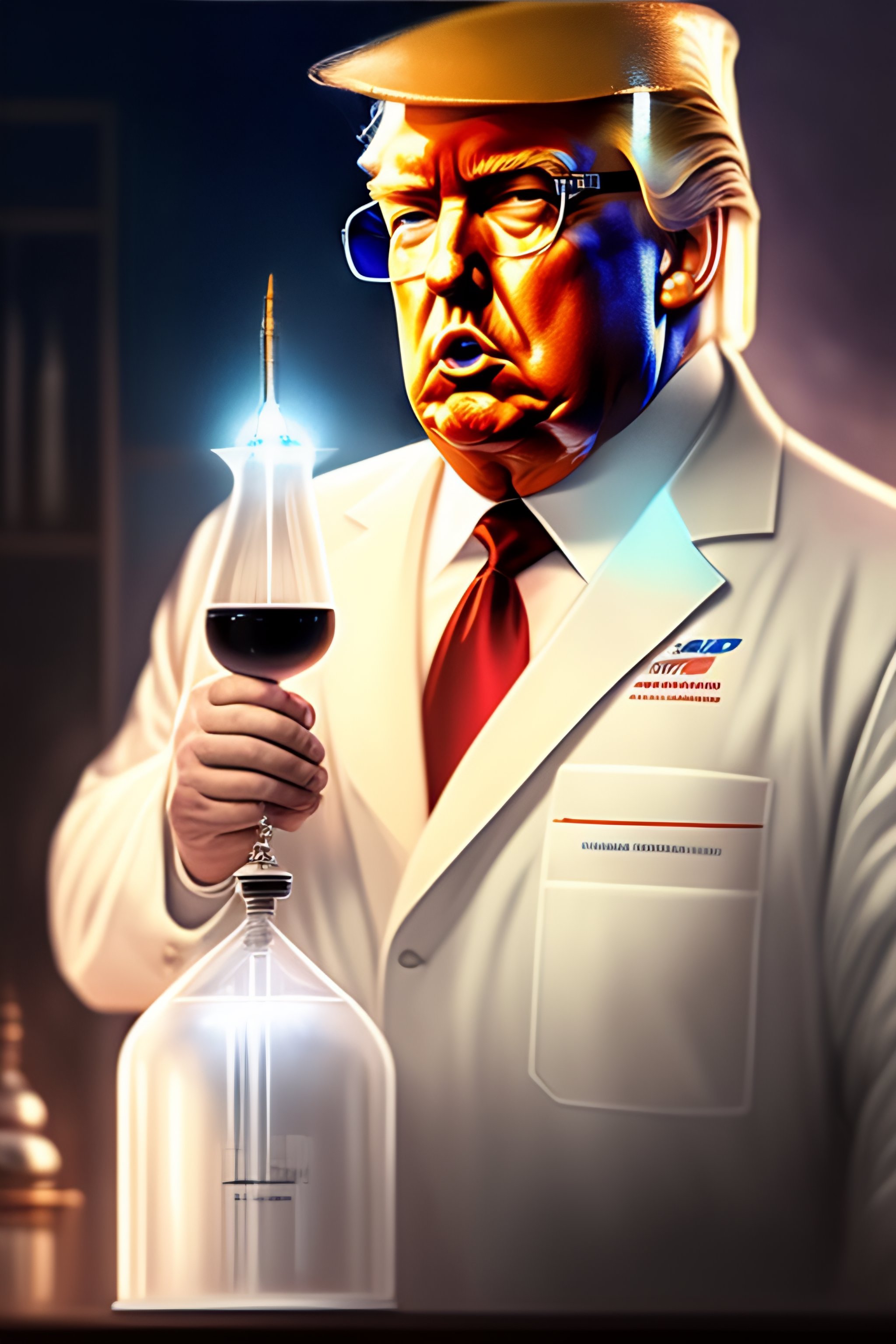 Lexica - Donald Trump holds a ehrlenmeyer flask at eye level, wearing a ...