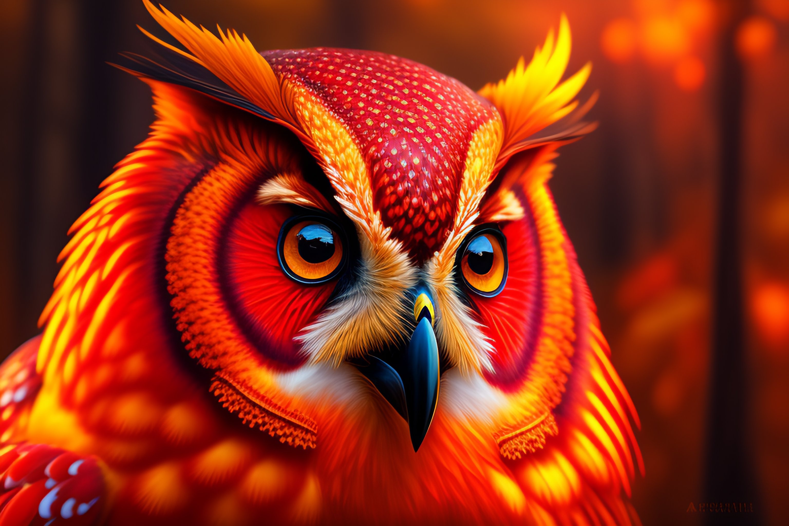 Lexica - Radiant red owl, front view, glowing amber, autumn colours ...